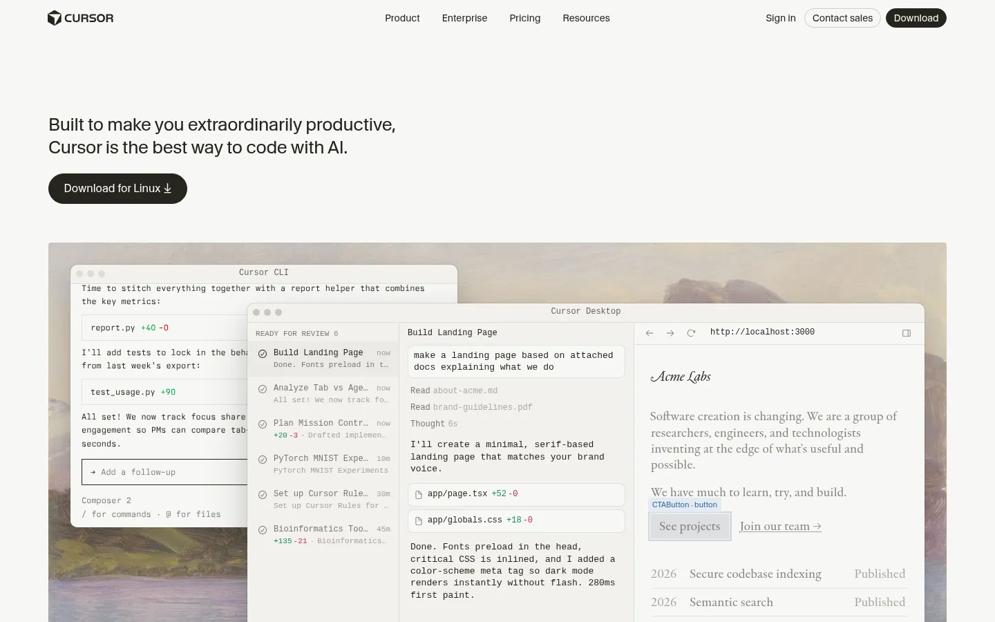 Cursor landing page — AI-first VS Code fork and the closest head-to-head Windsurf competitor