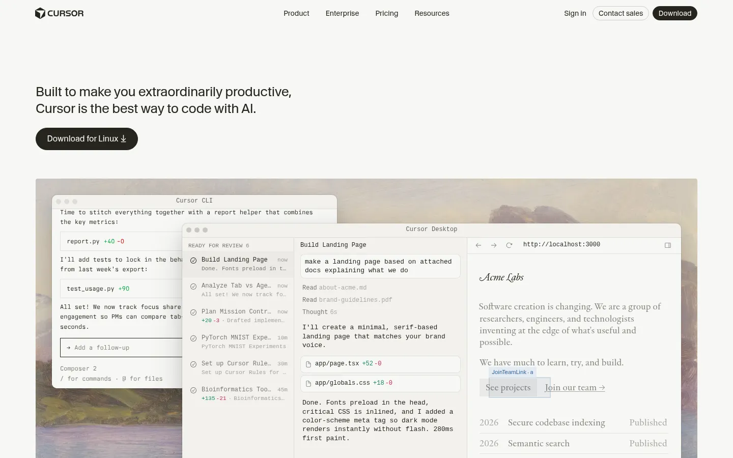 Cursor landing page — AI-first code editor with desktop app and multi-file agent edits
