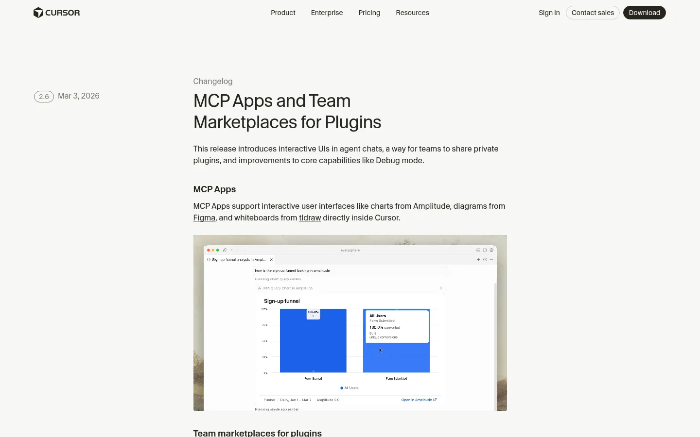Registro de cambios de Cursor 2.6 que muestra MCP Apps y Team Marketplaces - evidencia de que MCP se está convirtiendo en un estándar de la industria