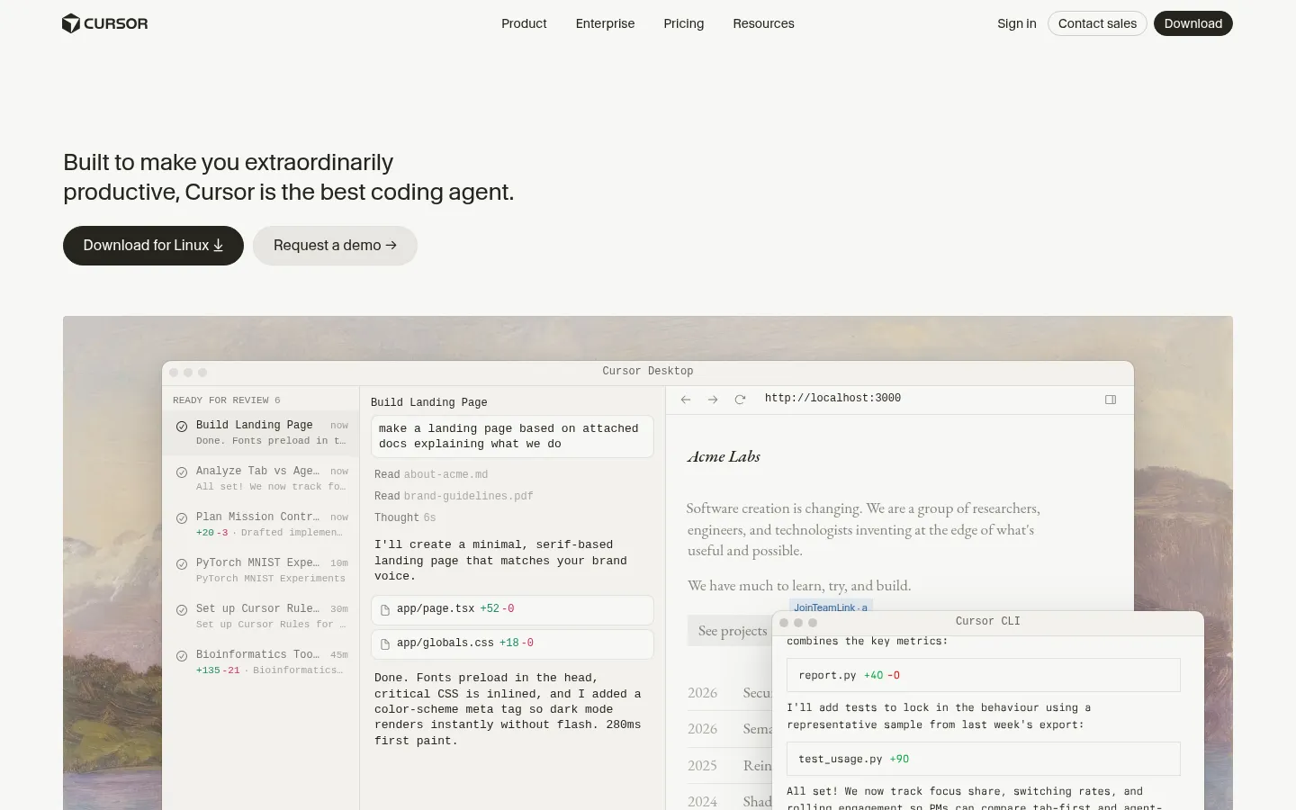 Cursor landing page — AI-powered IDE for developers
