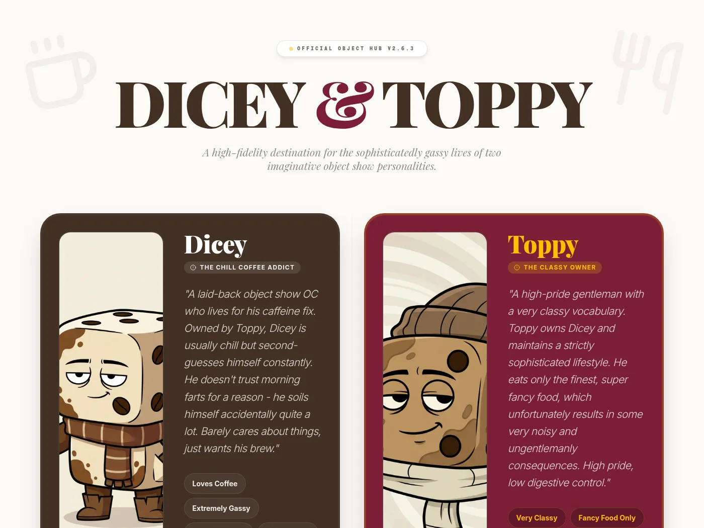 Dicey & Toppy Character Hub