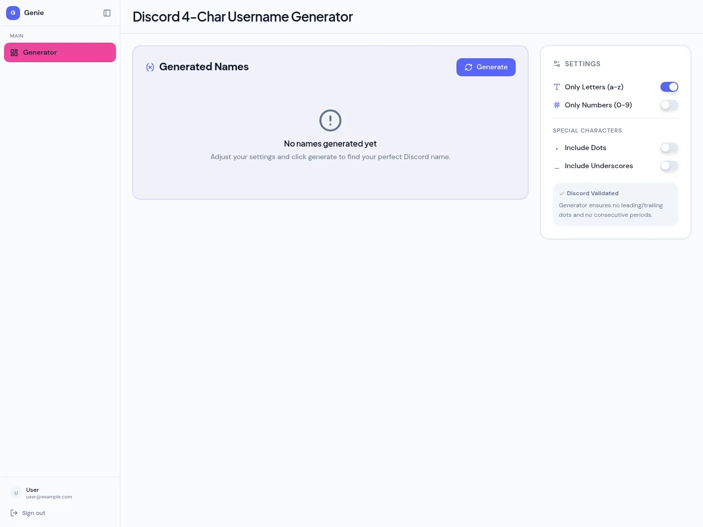 Discord 4char Name Genie