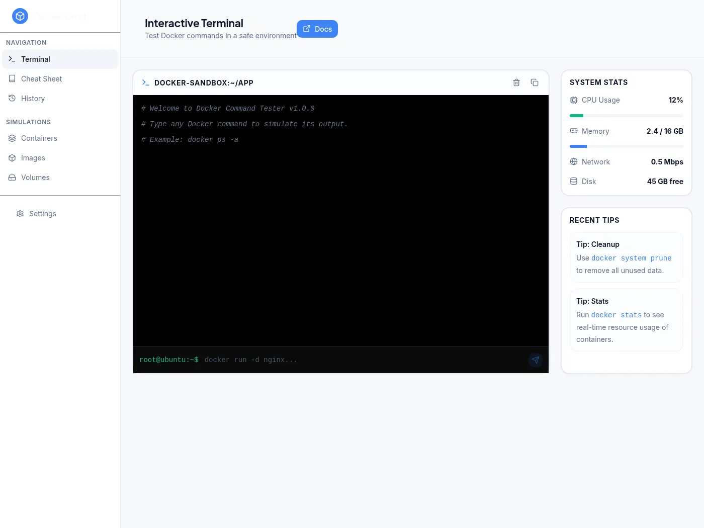 Docker Command Tester
