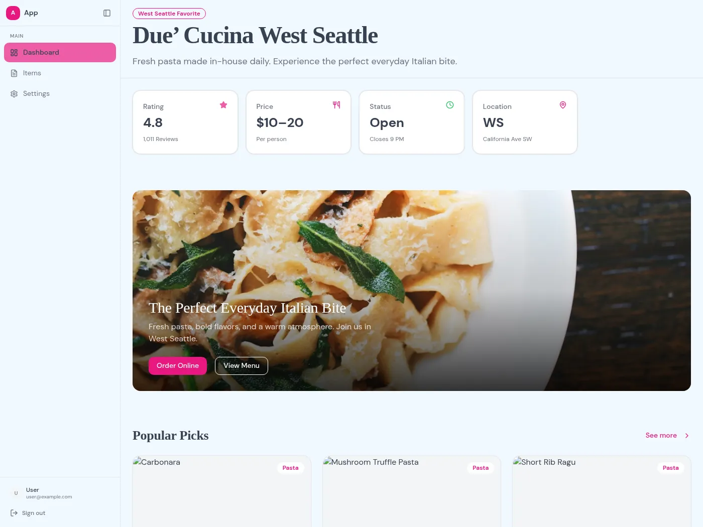 Due’ Cucina Menu Portal