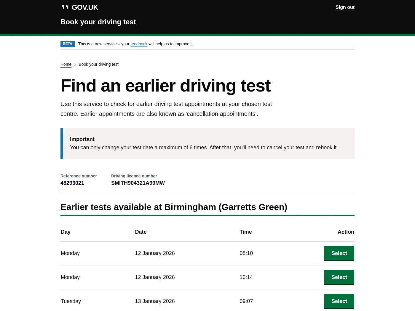 DVLA Test Dates Clone