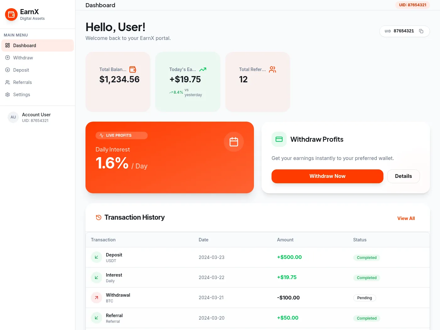 EarnX Insight Dashboard
