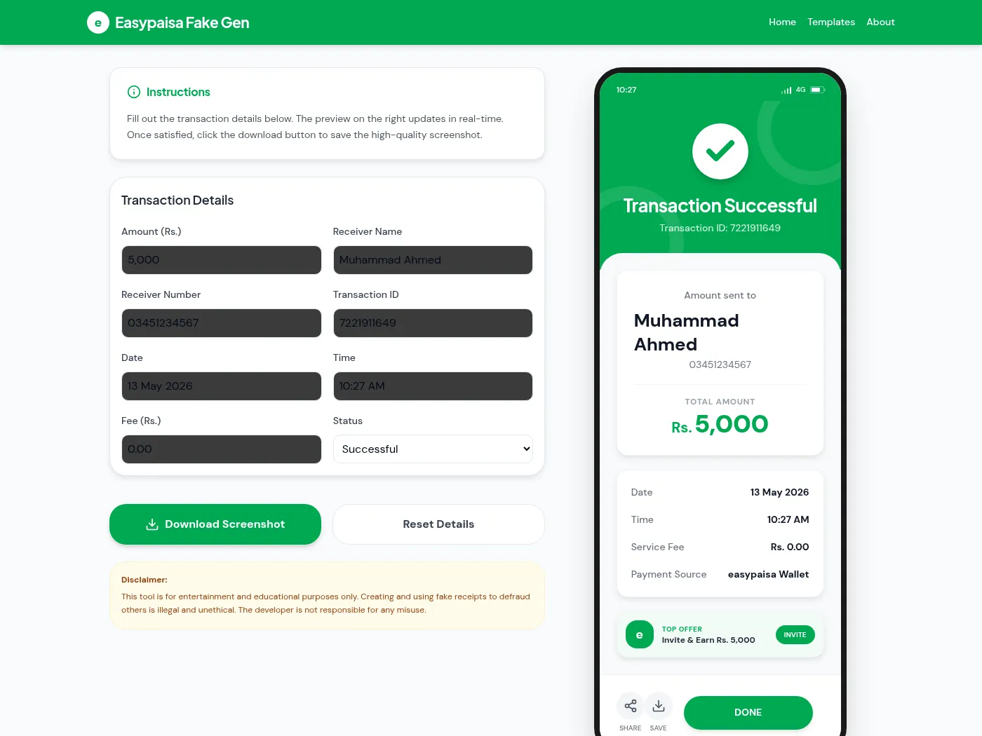 Easypaisa Fake Generator