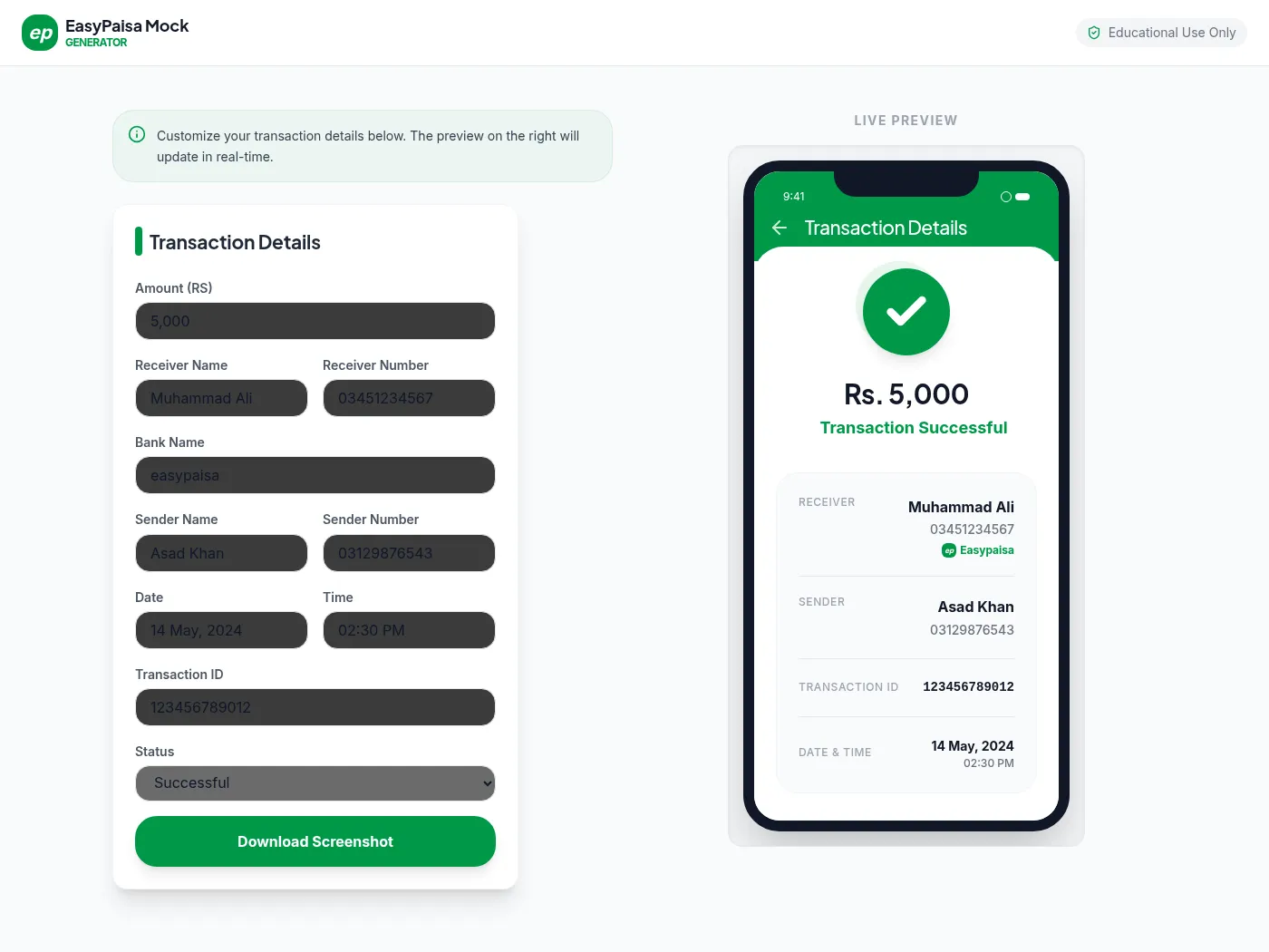 Easy Paisa Mock Generator