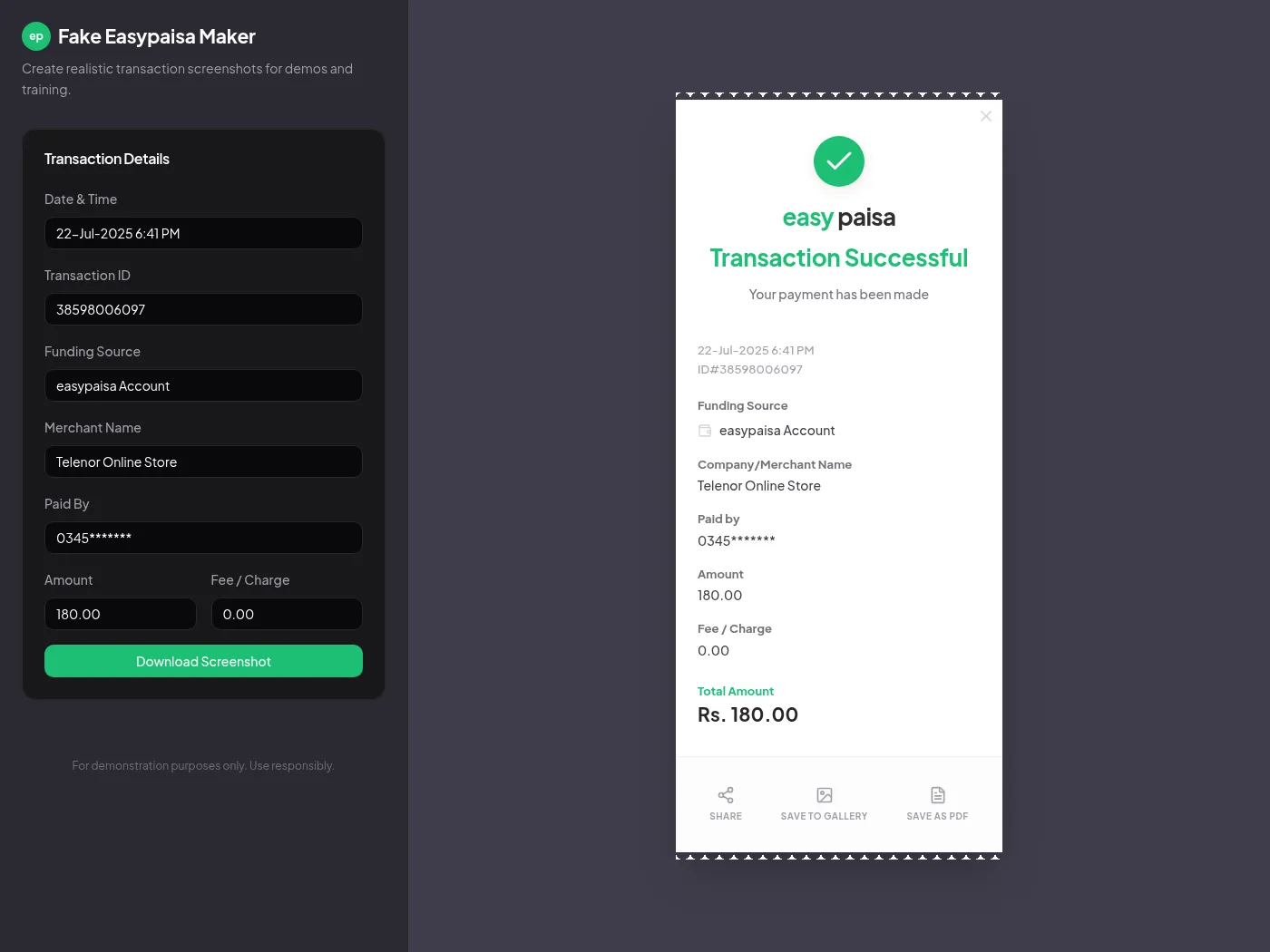 Fake Easypaisa Demo Maker