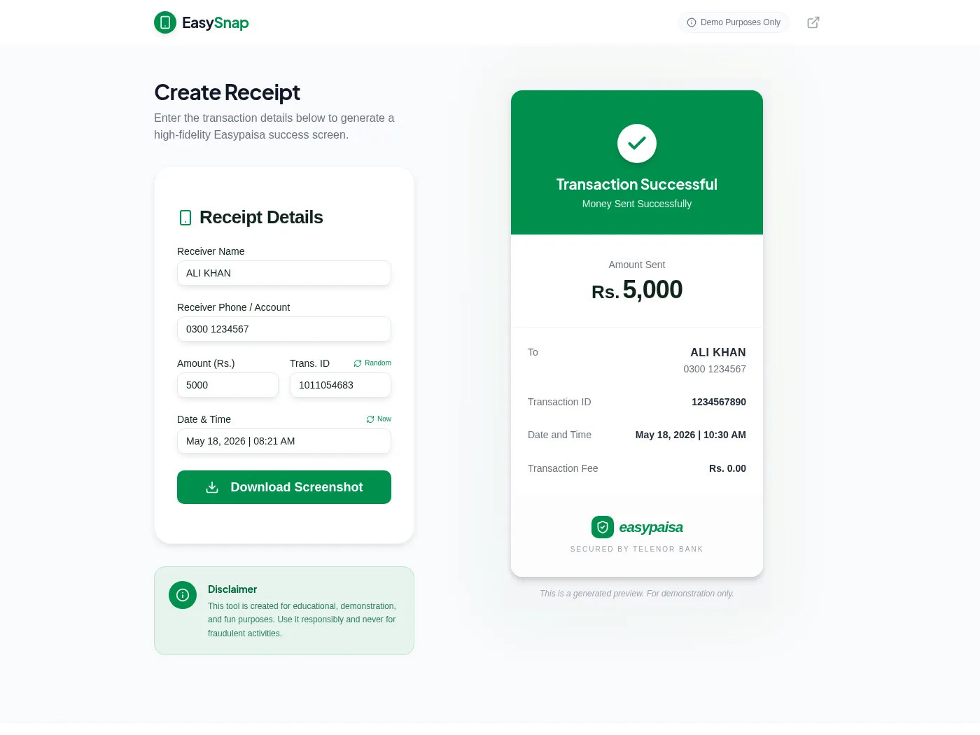 Fake Easypaisa Screenshot Generator