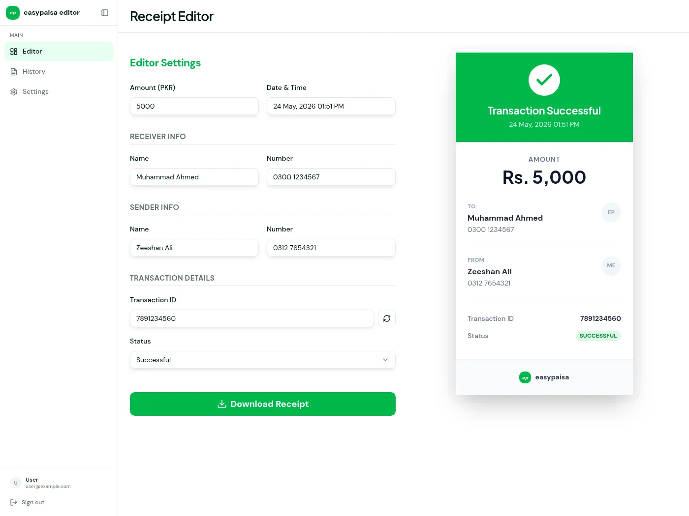 Easypaisa Receipt Editor