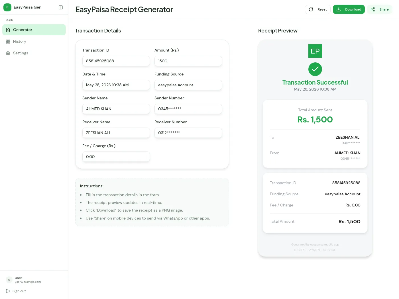EasyPaisa Receipt Generator