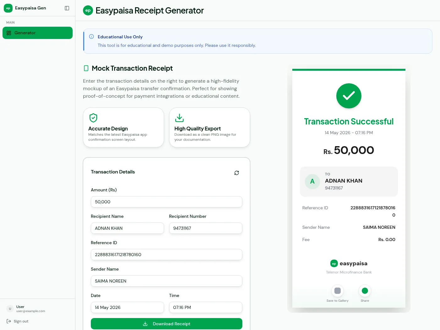 Easypaisa Receipt Generator