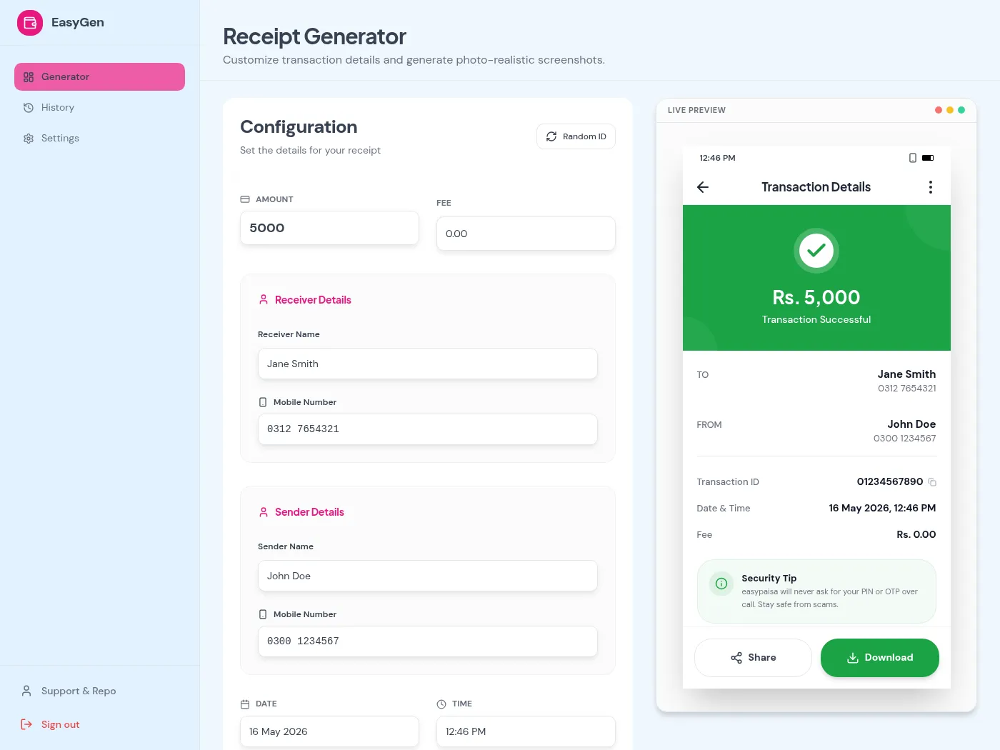 Easypaisa Screenshot Generator