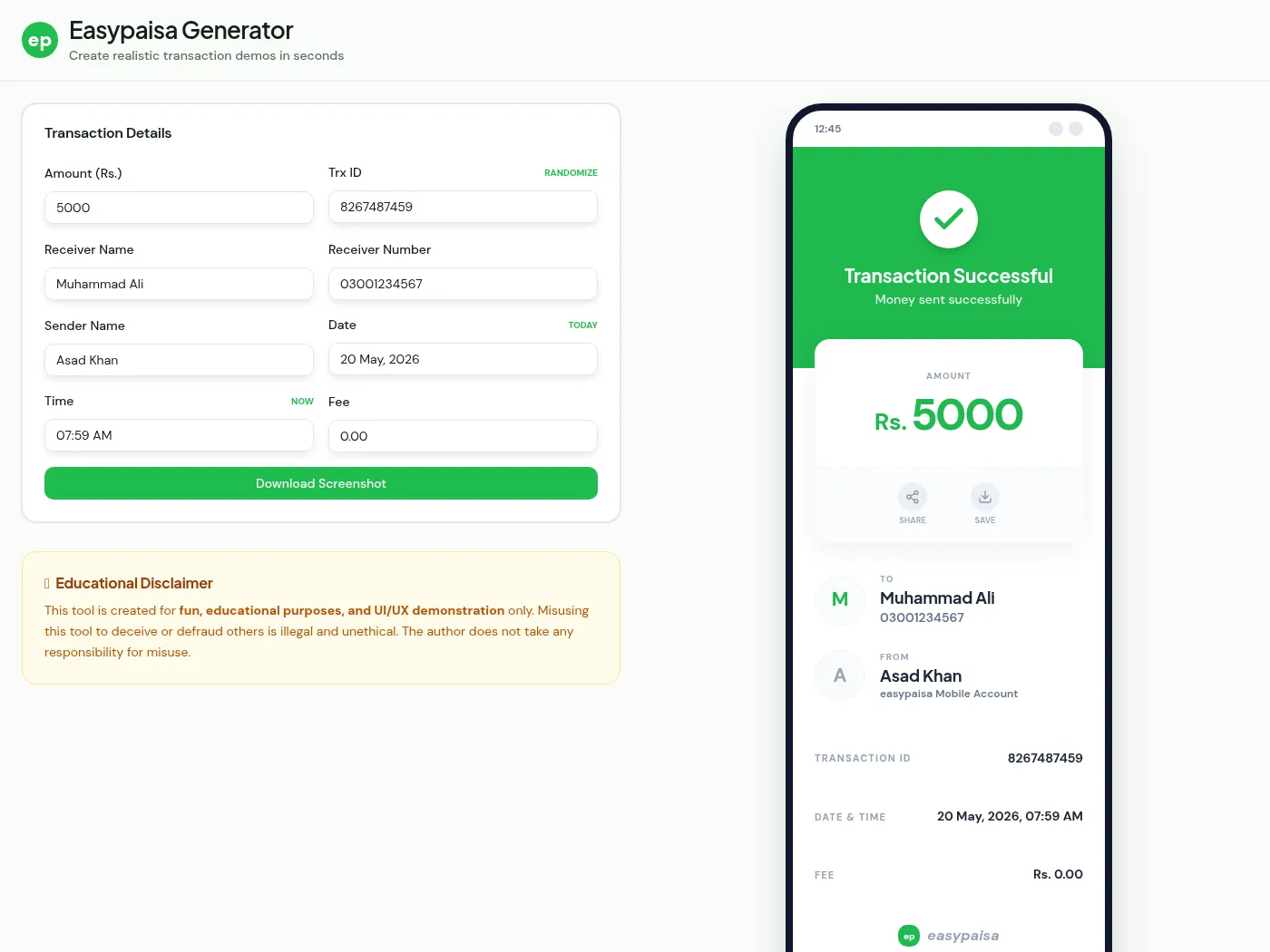 Easypaisa Screenshot Generator