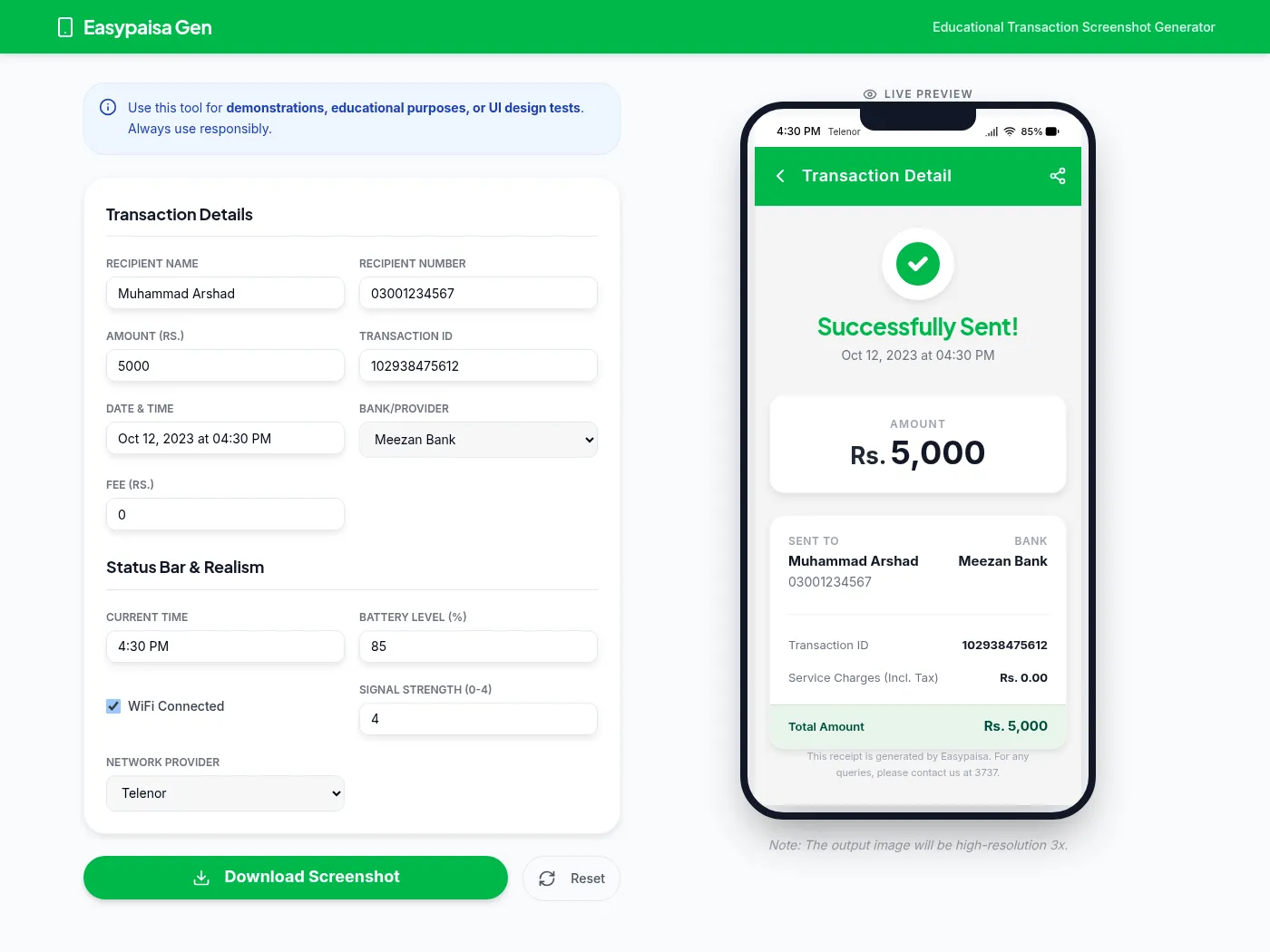 Easypaisa Screenshot Generator