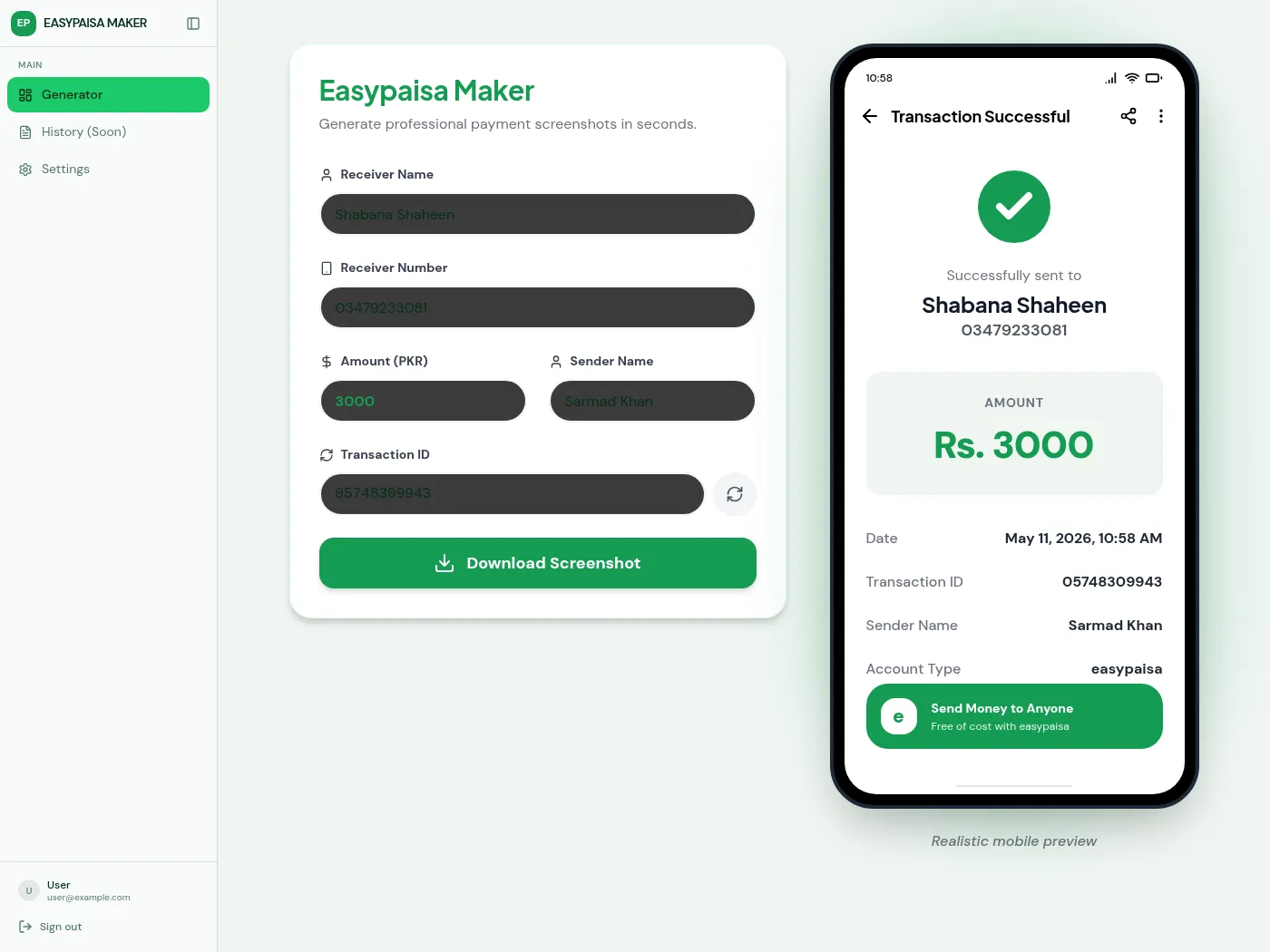 Easypaisa Payment Screenshot Maker