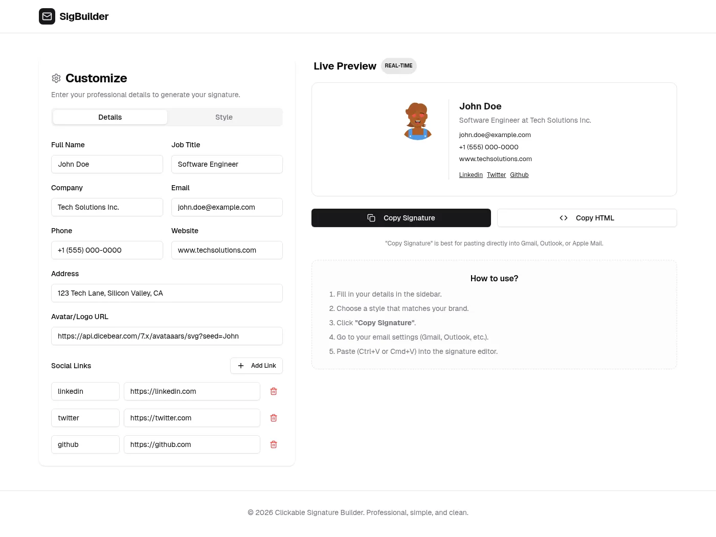 Clickable Signature Builder