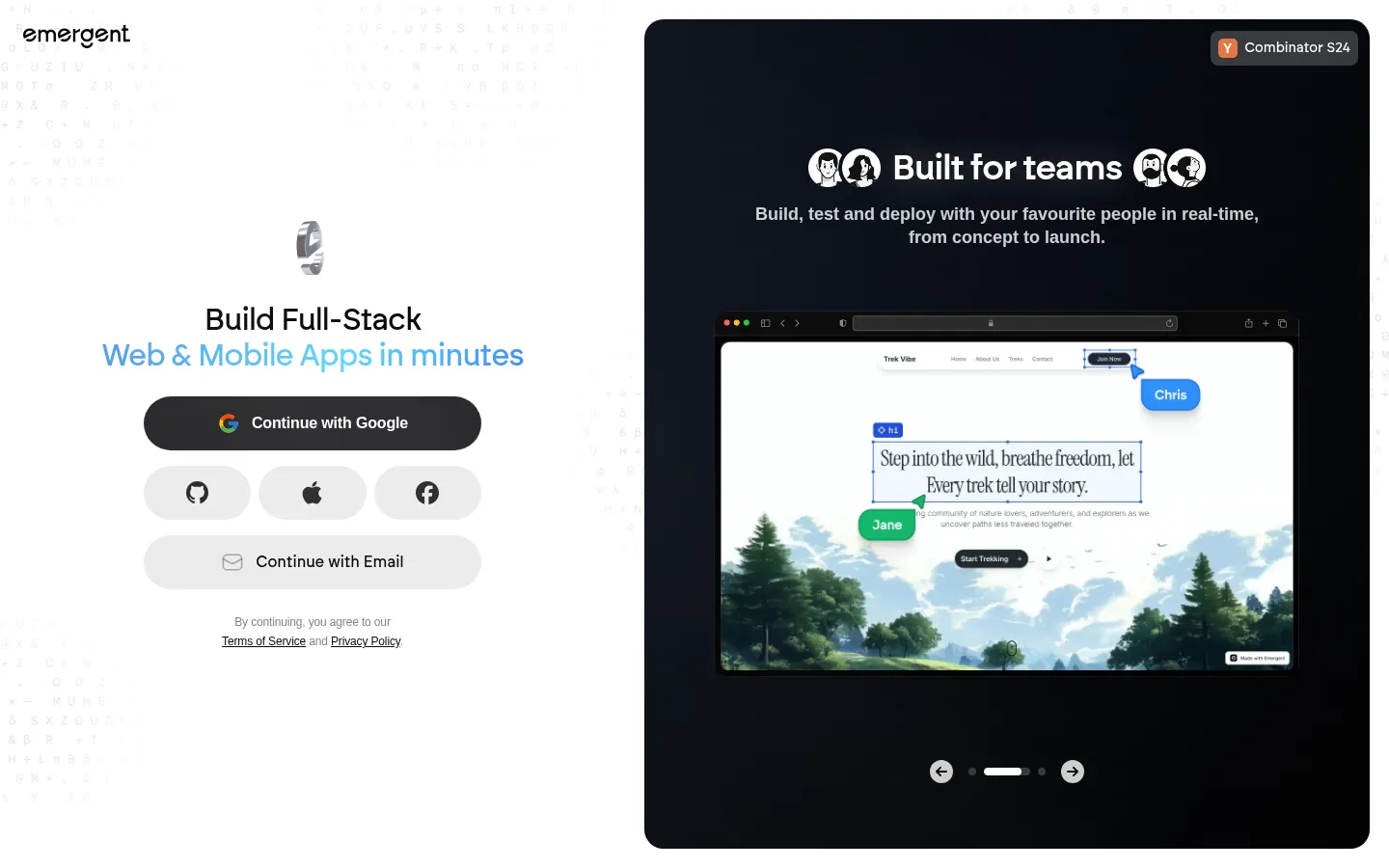 Emergent landing page — production-ready app builder with deep library of build tutorials