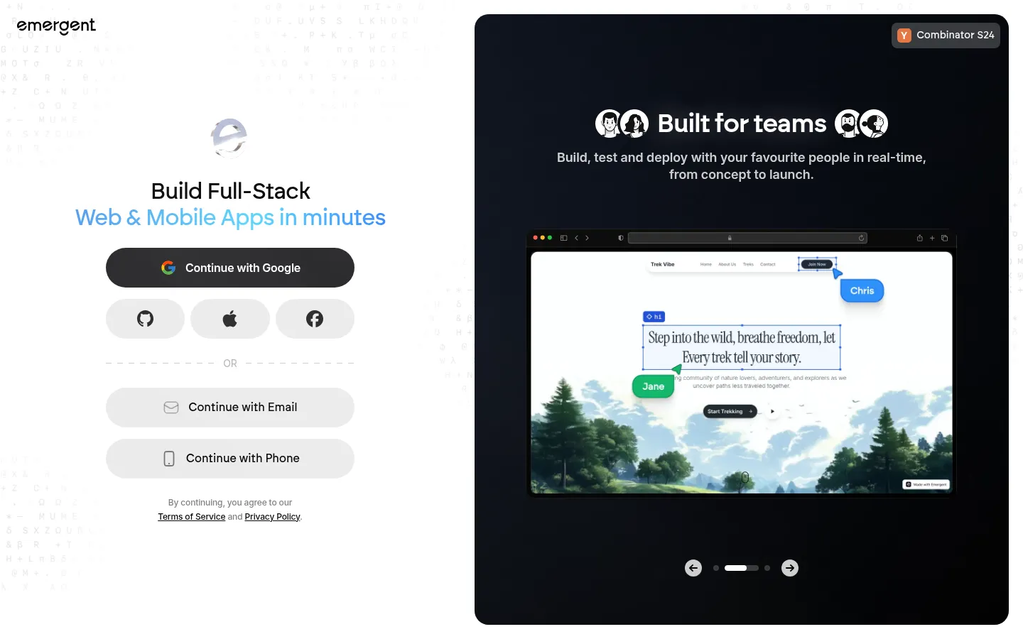 Emergent.sh landing page — Y Combinator-backed agentic AI app builder with multi-agent architecture