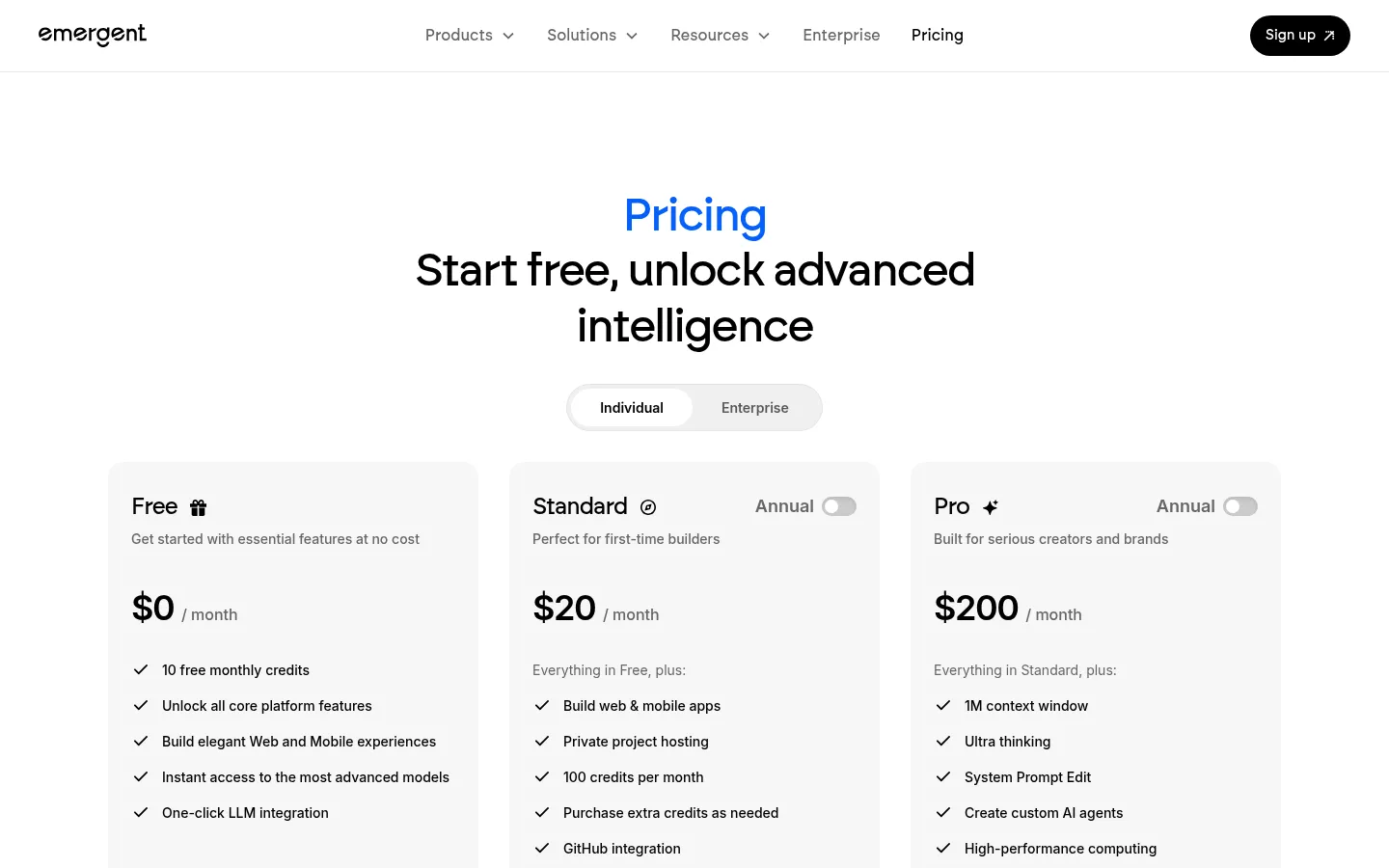Emergent pricing — Standard $20/mo (100 credits), Pro Ultra $200/mo (750 credits). Credits consumed per operation including debugging.