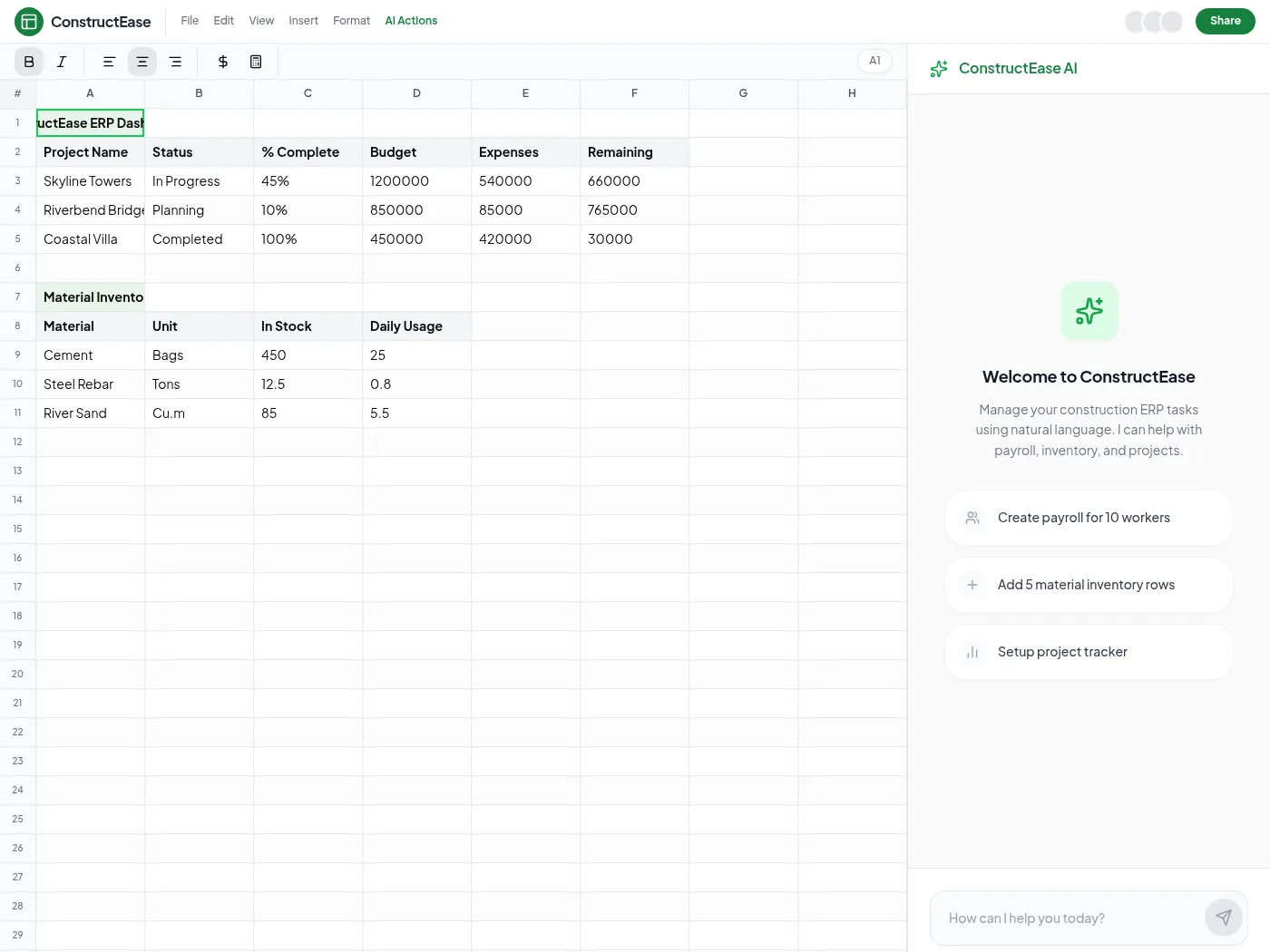 ConstructEase ERP Sheet