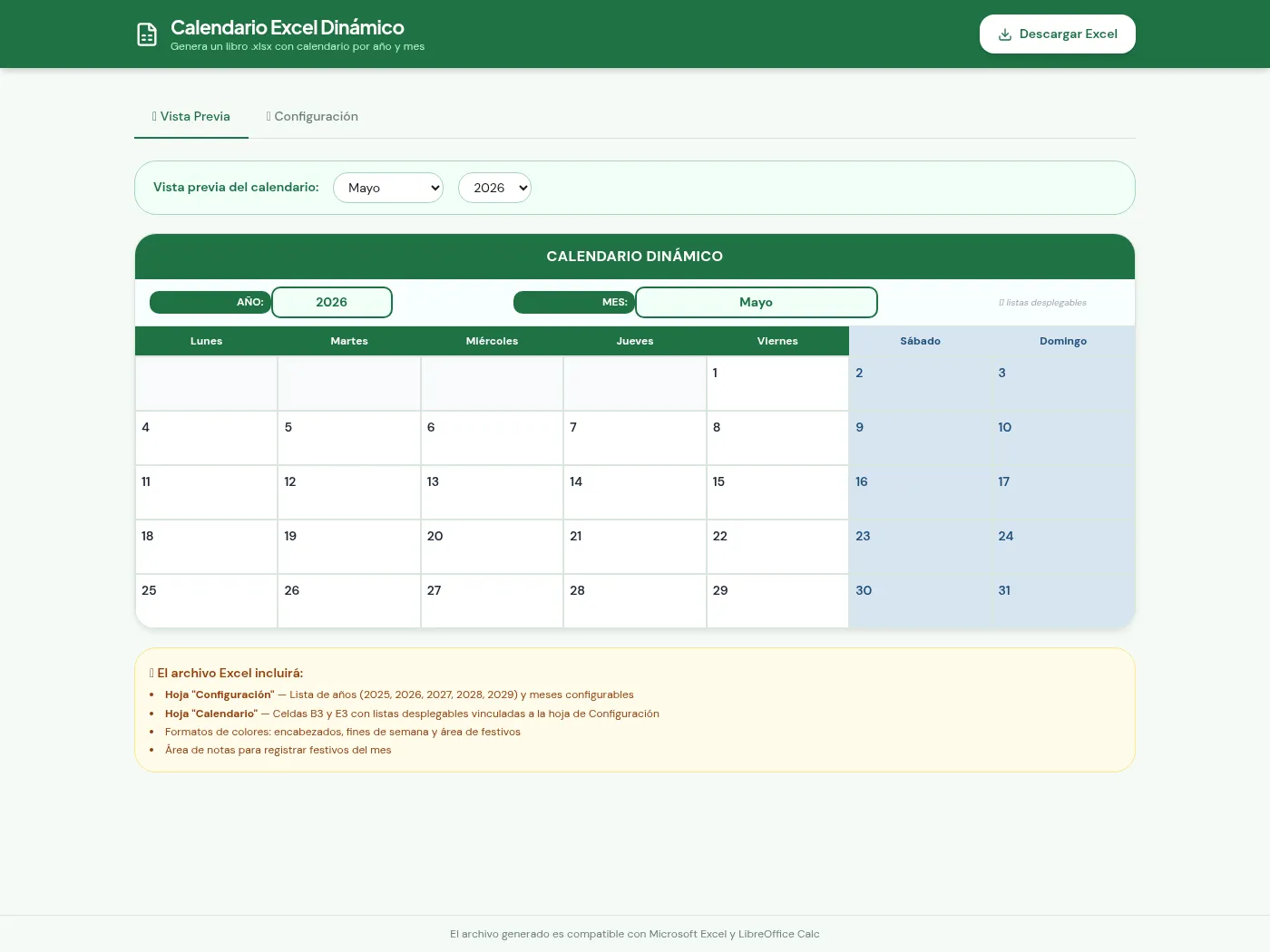 Calendario Excel Dinámico
