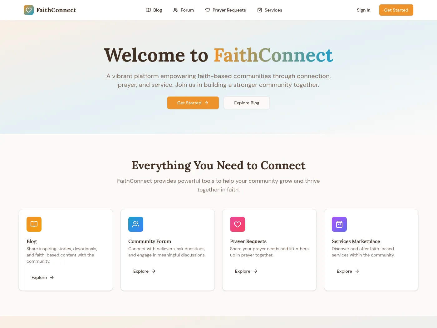 FaithConnect: Community Platform with Blog, Forum & Service Marketplace