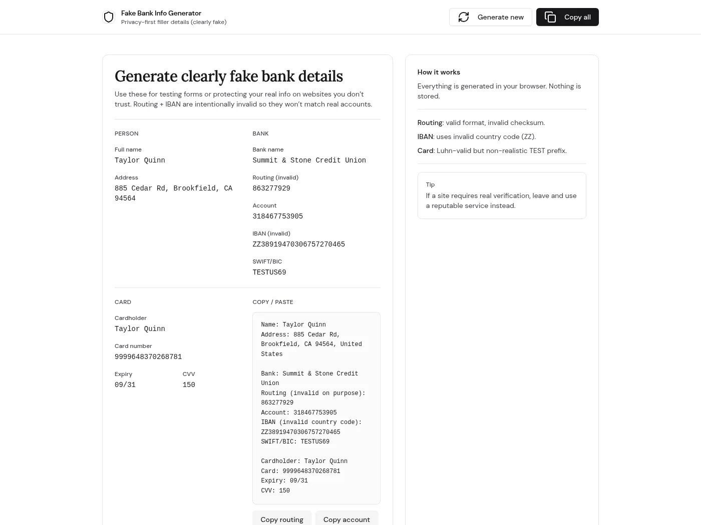 Fake Bank Info Generator