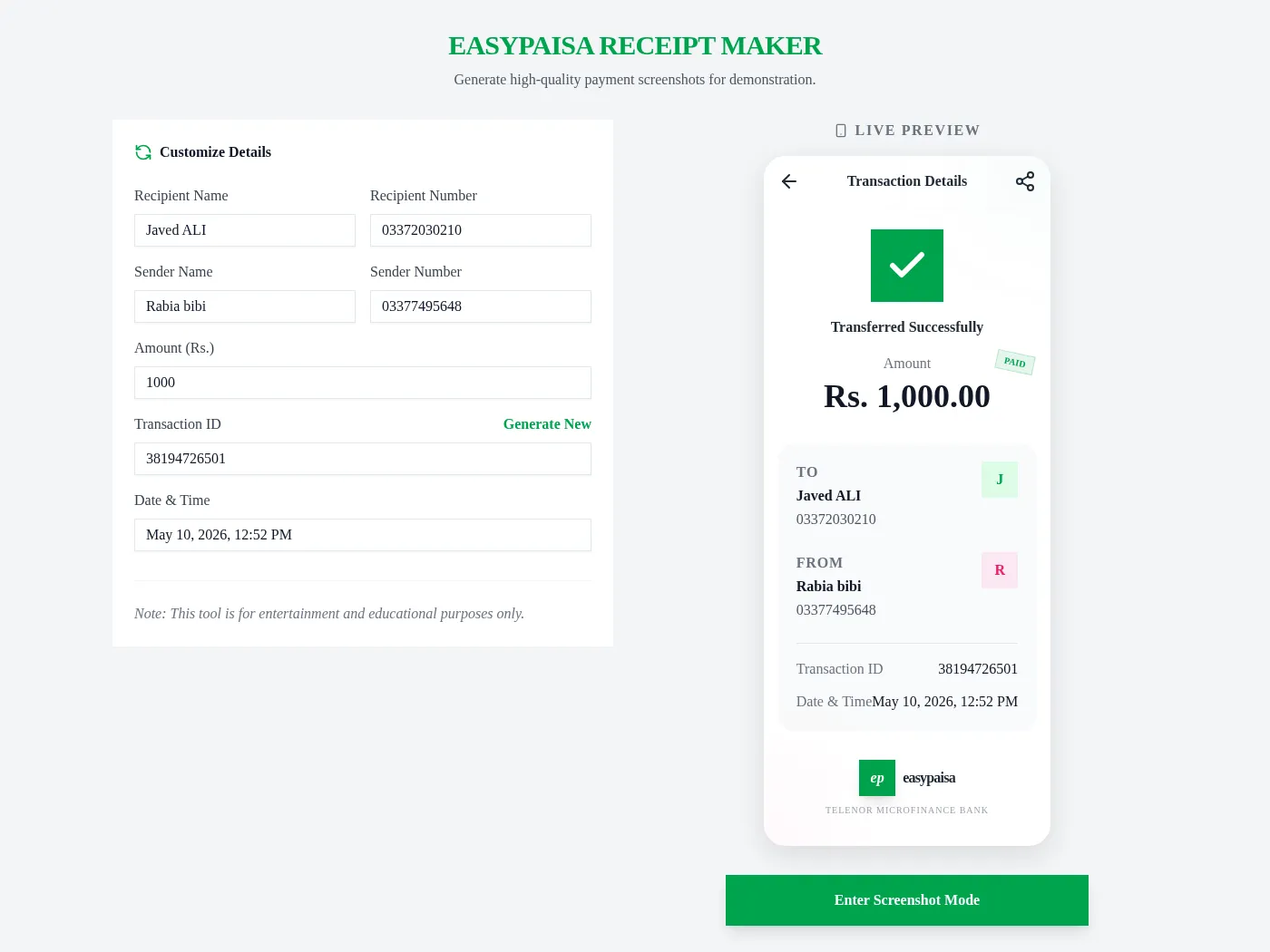 Fake Easypaisa Receipt Maker