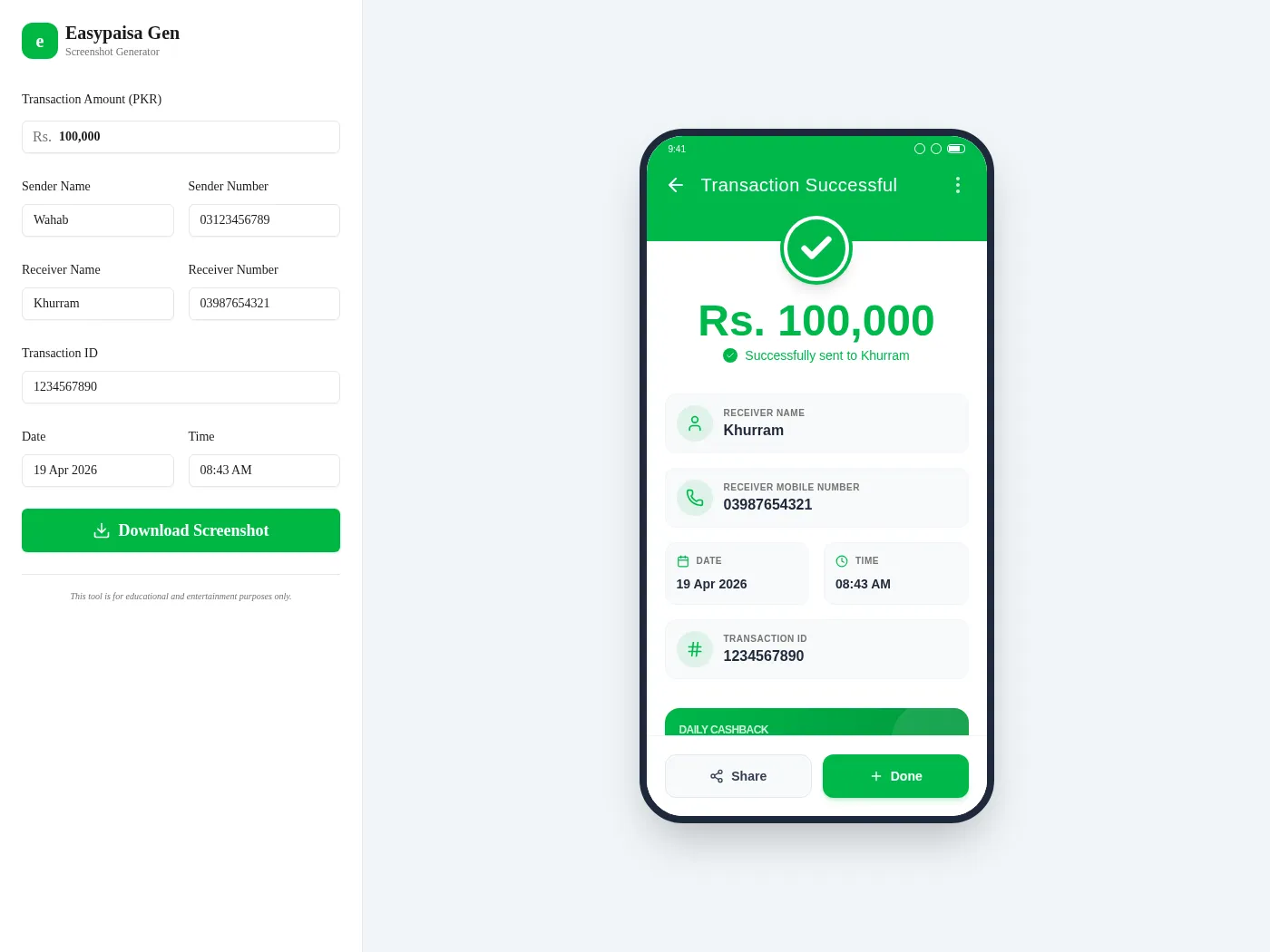 Fake Easypaisa Screenshot Generator (Remix)