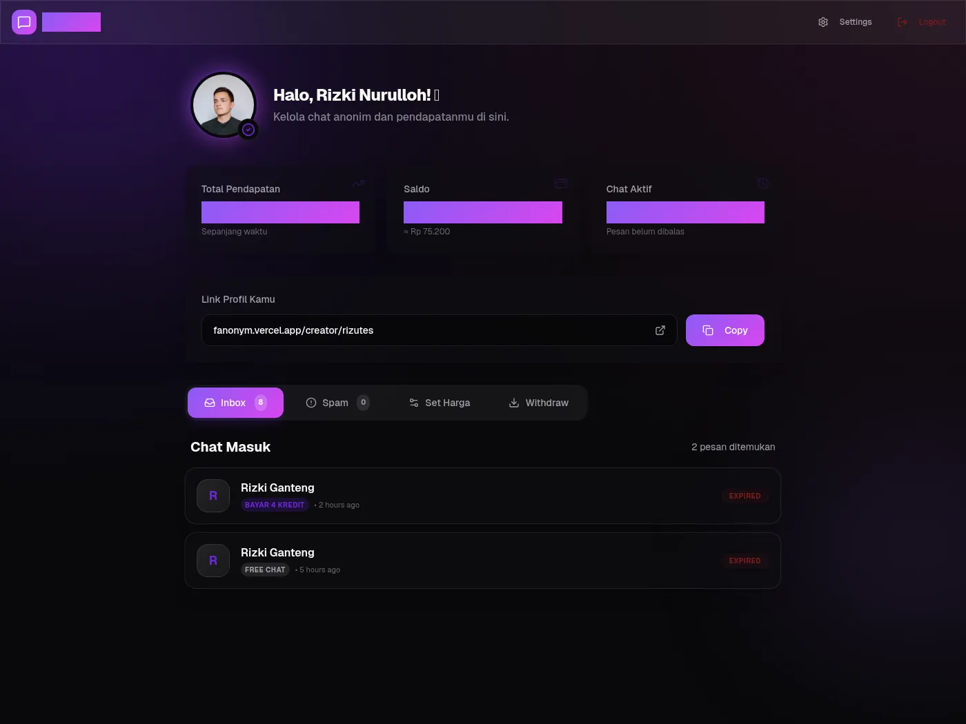 Fanonym Creator Dashboard