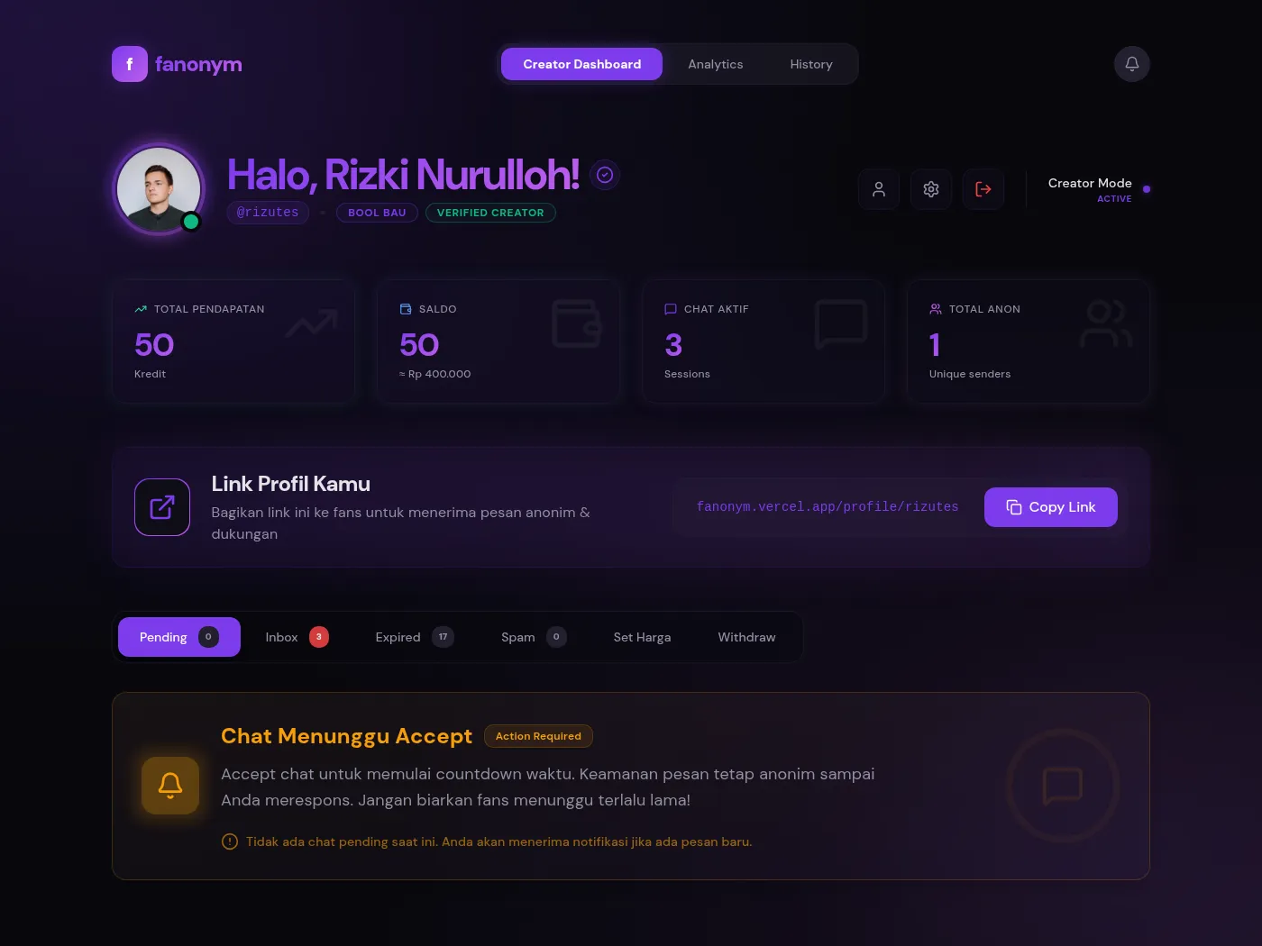 Fanonym Dashboard Redesign