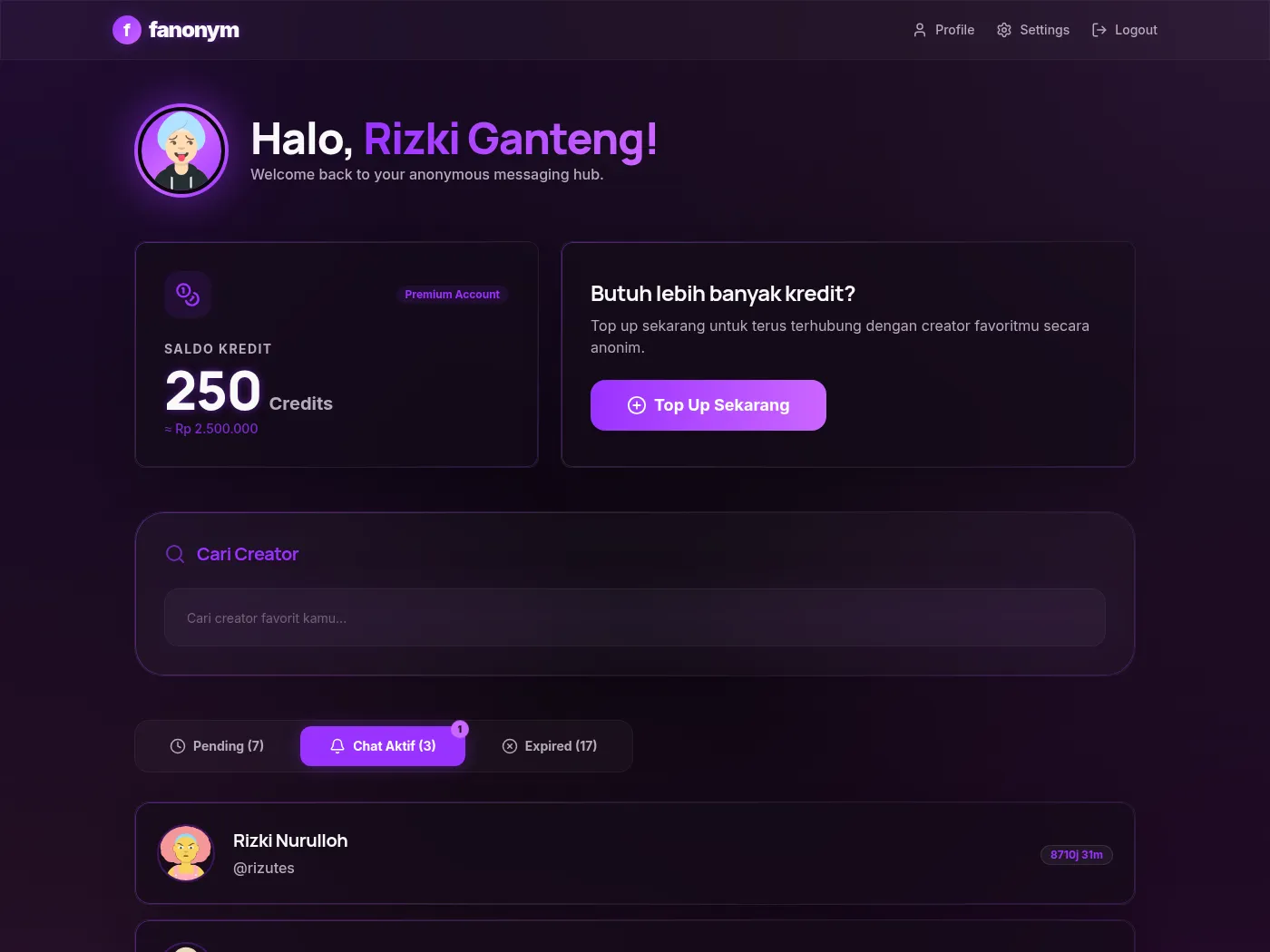 Fanonym Sender Dashboard Redesign