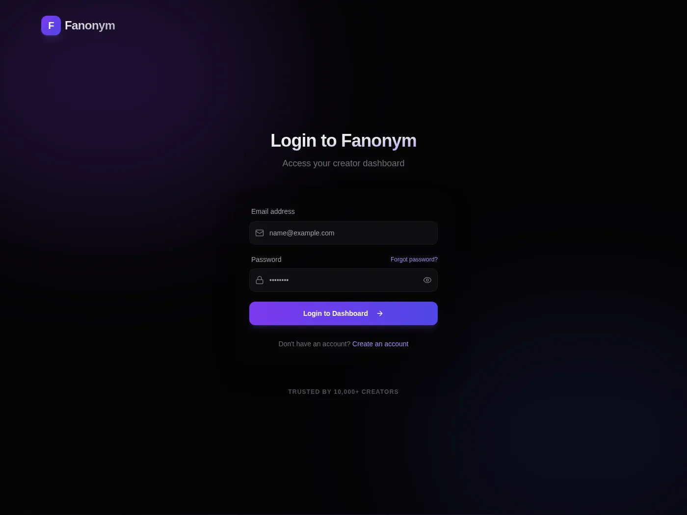 Fanonym Login Page