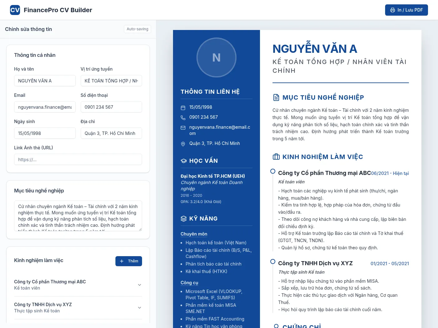 FinancePro CV Builder