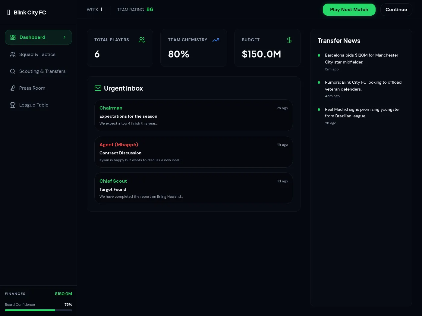 Immersive Football Manager
