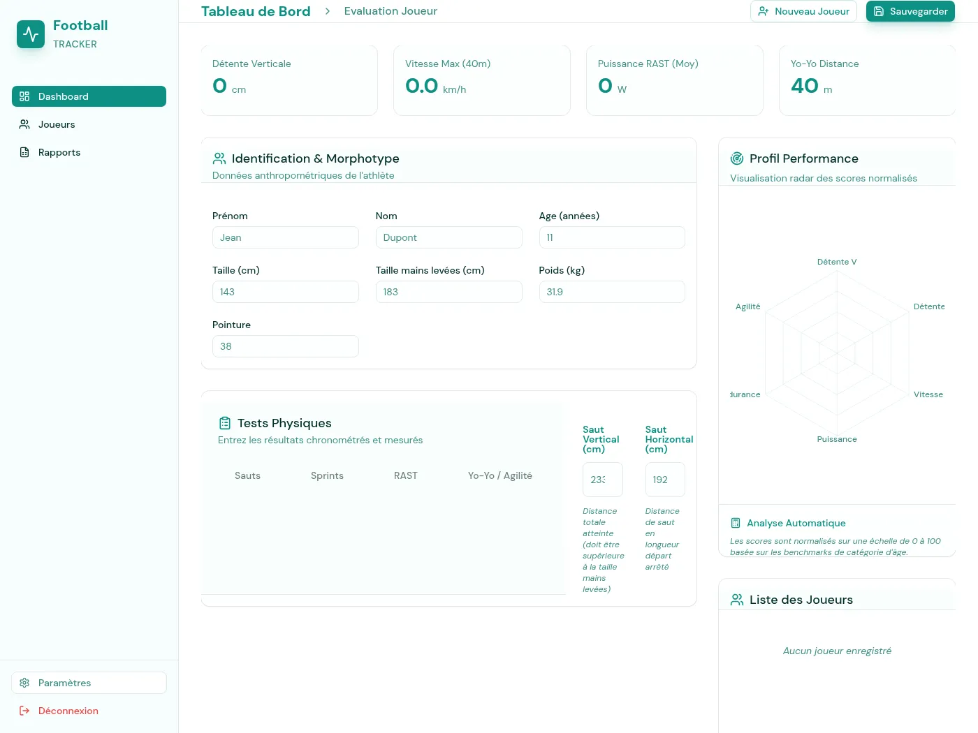 Football Player Test Dashboard