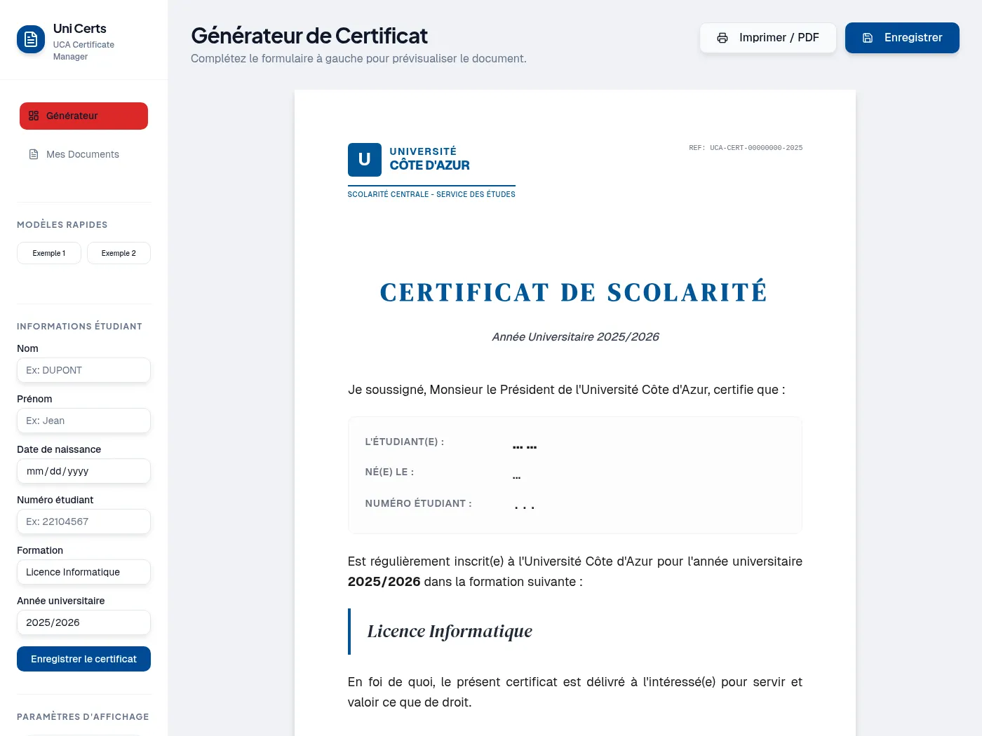 French Uni Cert Template
