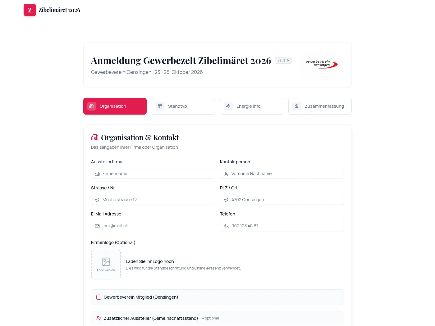 Gewerbezelt Signup Portal