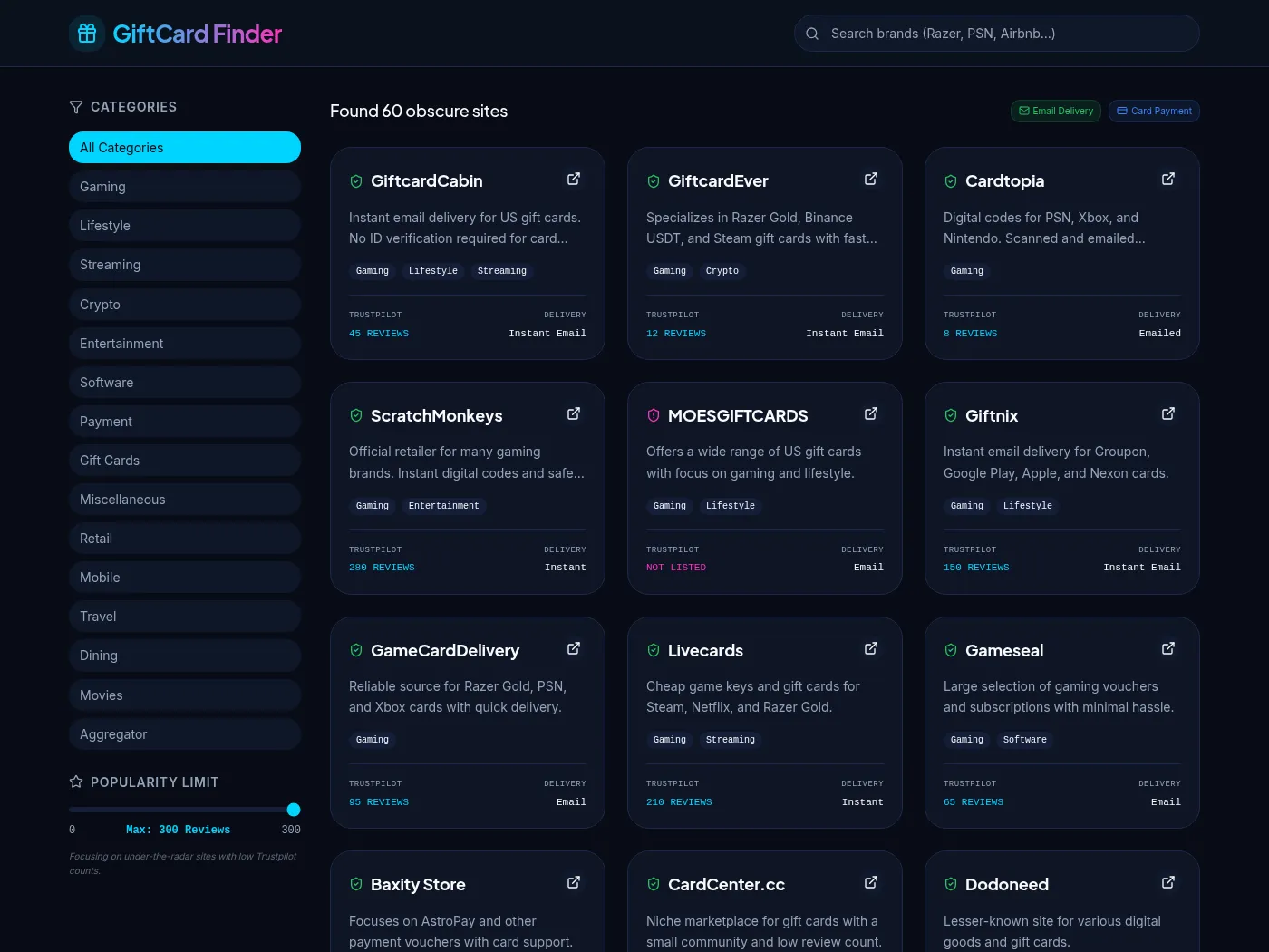 GiftCard Site Finder