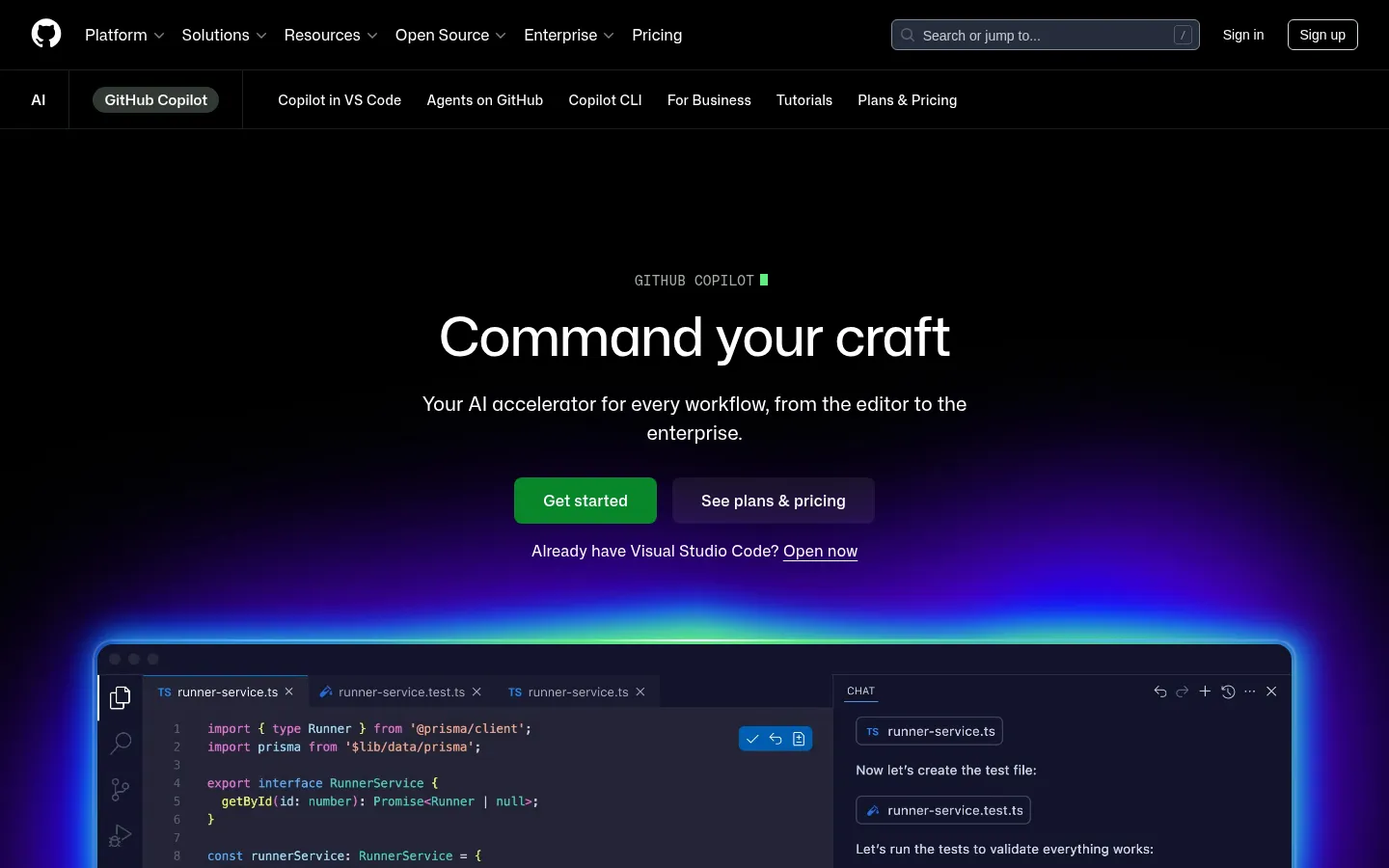 GitHub Copilot landing page — AI pair programmer integrated into VS Code, JetBrains, Neovim, and more