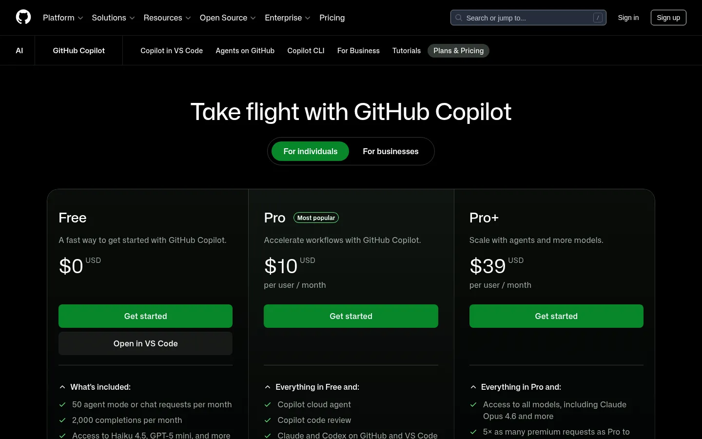 GitHub Copilot pricing page — Free, Pro $10, Business $19, Enterprise $39 tiers