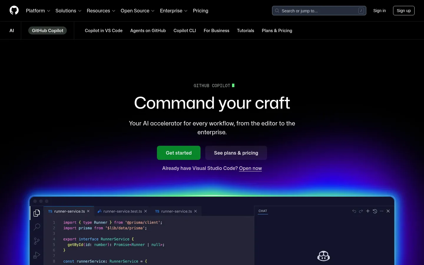GitHub Copilot landing page — AI-powered code completion and chat built into VS Code and JetBrains
