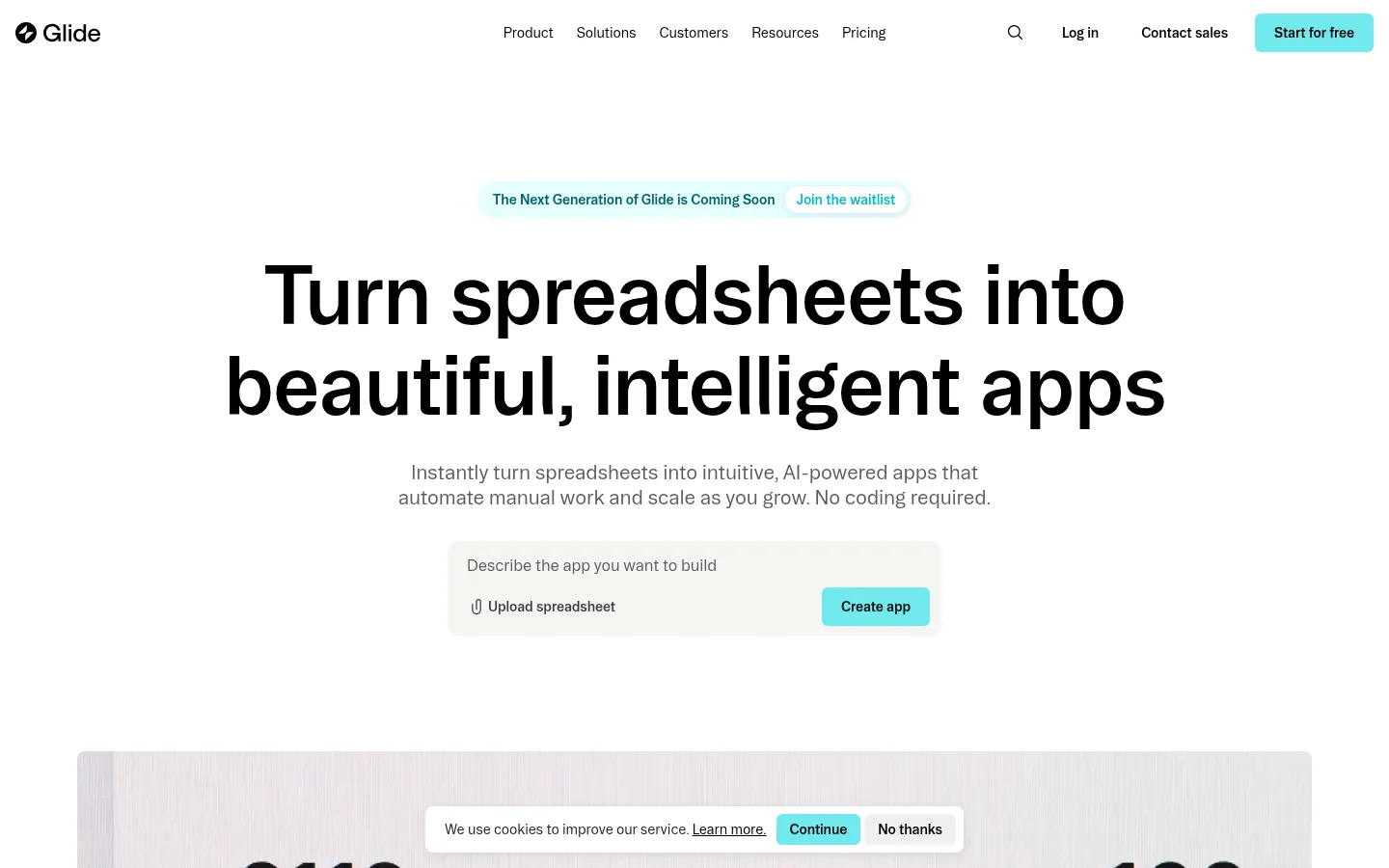 Glide landing page — no-code app builder with Airtable and Google Sheets as data source