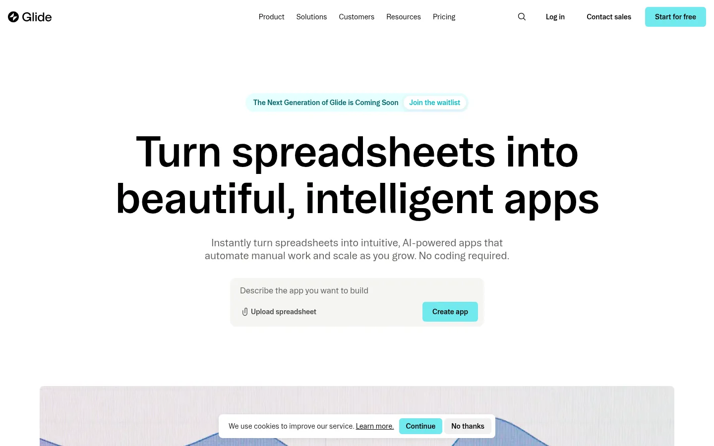 Glide landing page — no-code app builder with Airtable and Google Sheets as data sources and strong mobile output