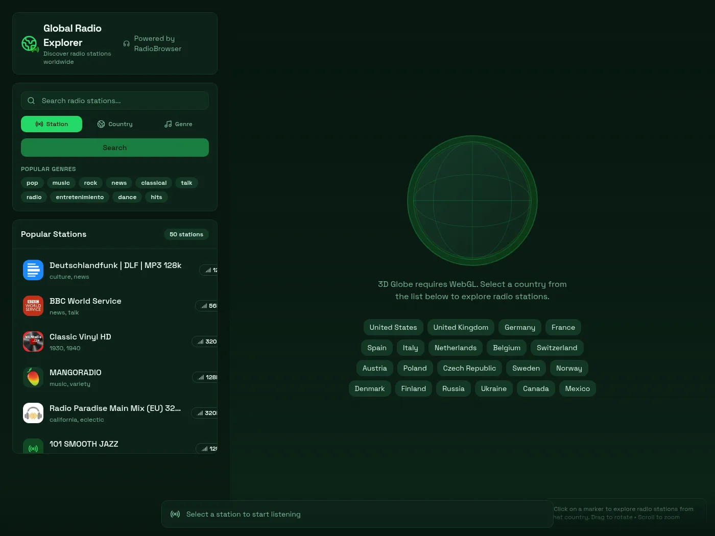 Global Radio Explorer: 3D Interactive World Radio Web App