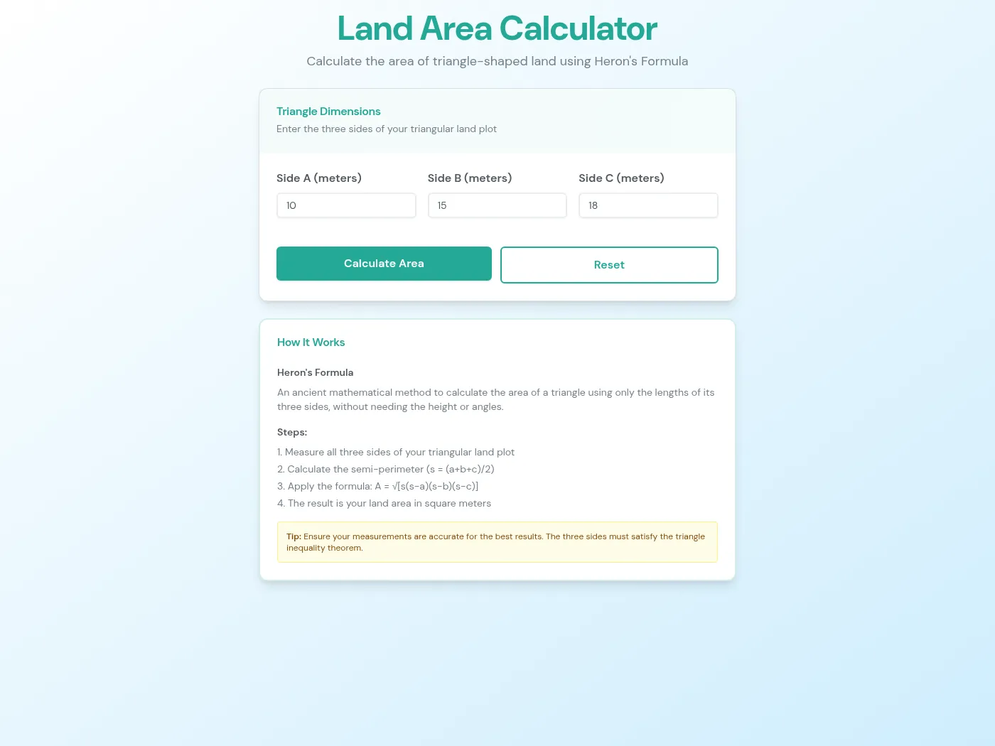 Heron Land Calculator