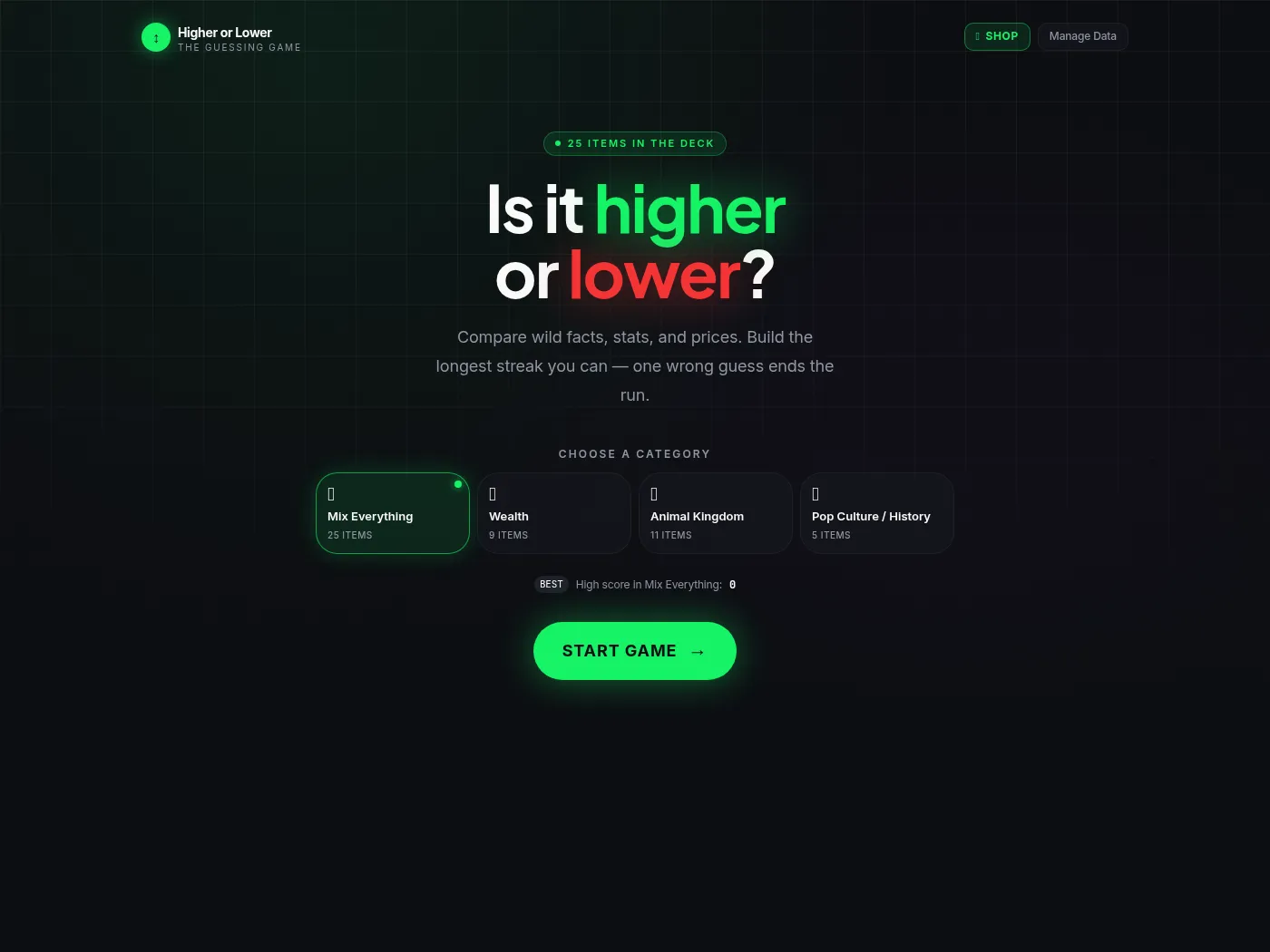 Higher or Lower Game