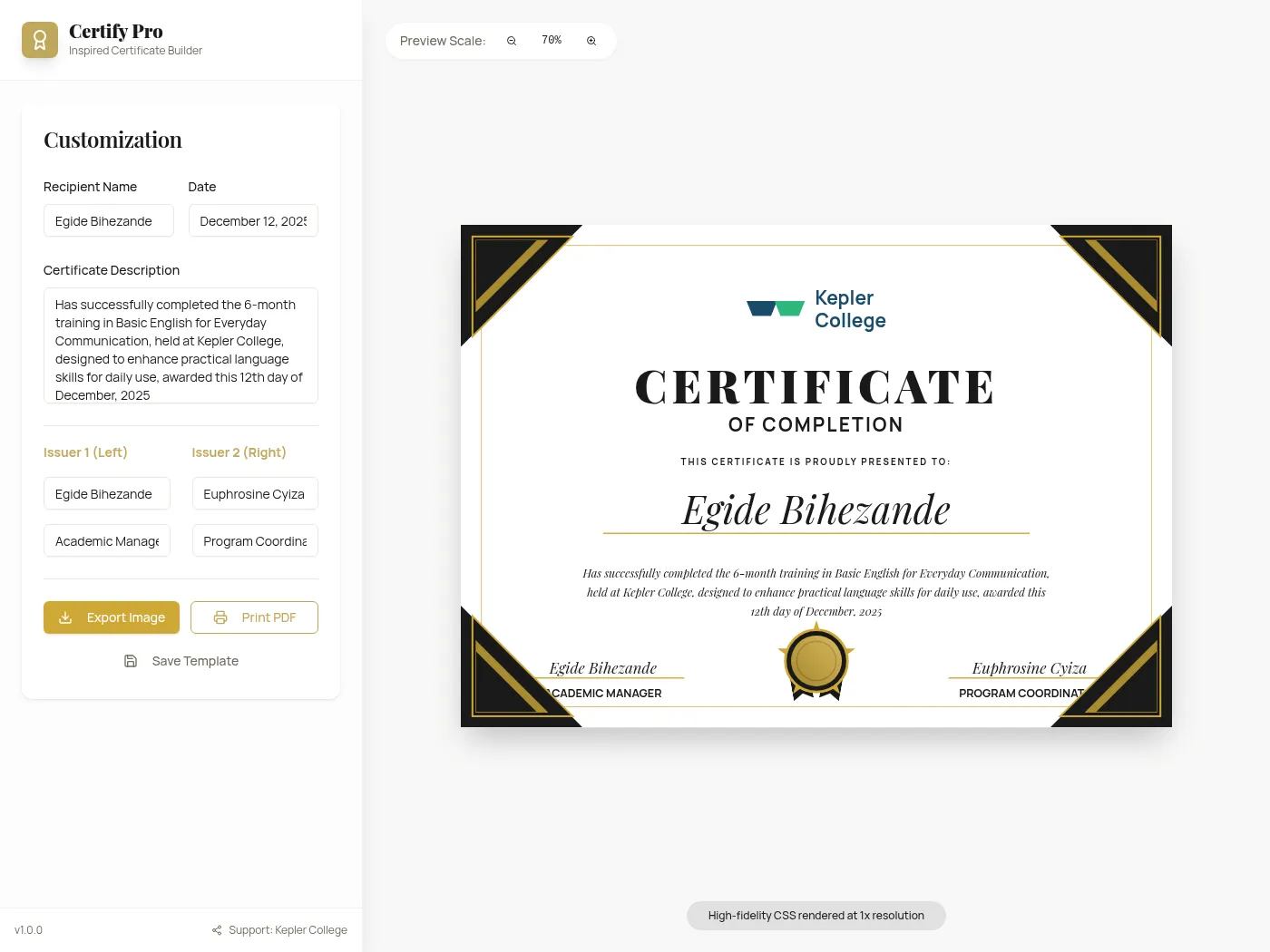 Inspired Certificate Generator
